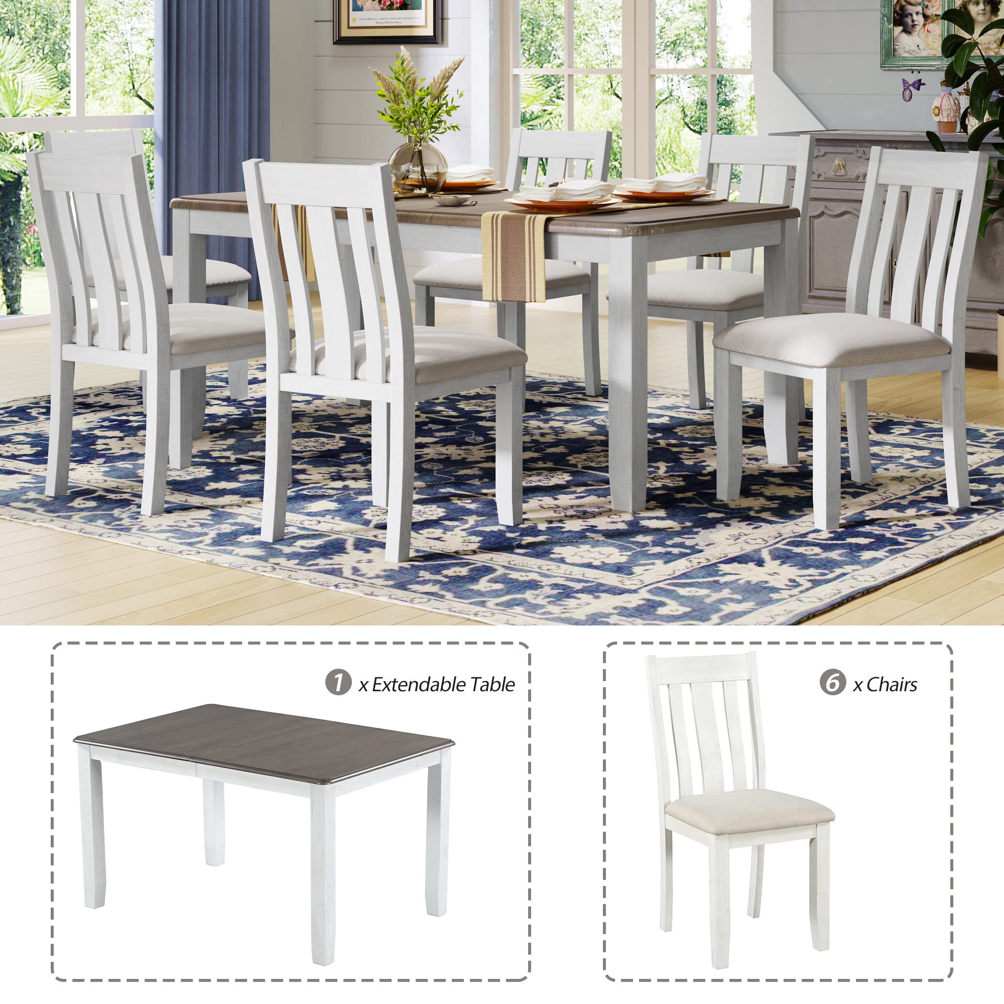 TARTOP Retro Style 7-Piece Dining Set Furniture with Extendable Table and 6 Upholstered Chairs,for Kitchen Dinette,Diningroom,Brown+White