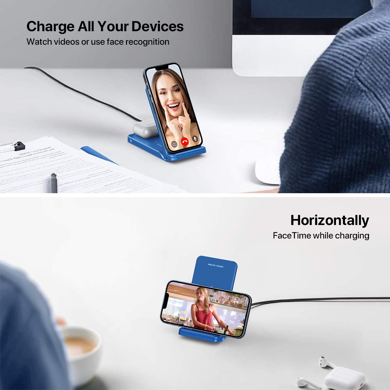 Wireless Charging Station, 3 in 1 Wireless Charger Stand, Fast Wireless Charging Dock for iPhone 14/13/12/11/Pro/X/Max/XS/XR/8/Plus, Apple Watch7/6/5/4/3/2/SE, Airpods 3/2/Pro(Blue)