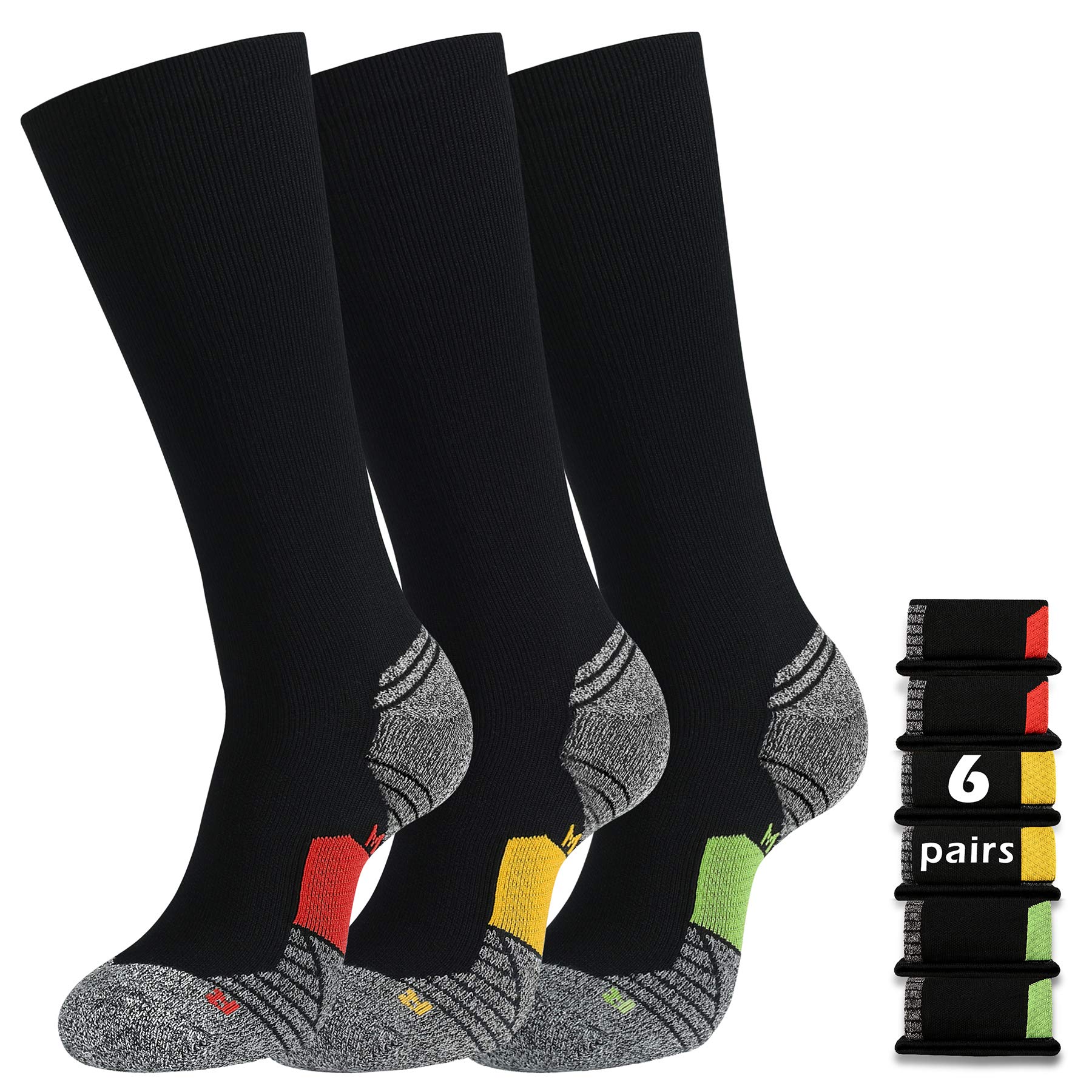 WANDER 6 Pairs Men's Athletic Run Cushion Over-the-Calf Tube Socks(2Green+2Red+2Yellow,size:9-12)