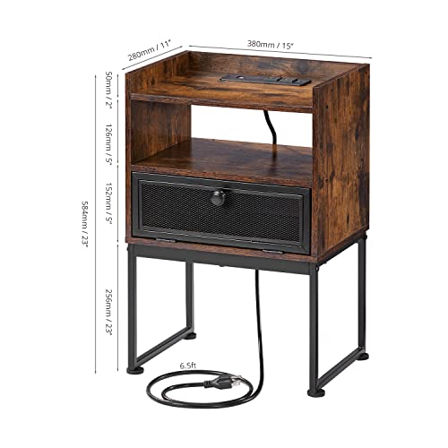ZEXVIDA Nightstand with Charging Station for Small Space, Record Player Stand, Small End Table Sofa Side Table for Small Place Living Room Bedroom Apartment Reception, Rustic Brown