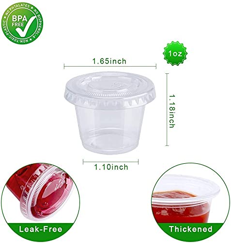 TashiBox 1oz-100 Sets Plastic Disposable Jello Shot Cups with Lids/Souffle Portion/Sauce Salad Dressing/Condiment Cups, 100 pack Clear Plastic Disposable Food Containers with Lids (1 Ounce)โฆ