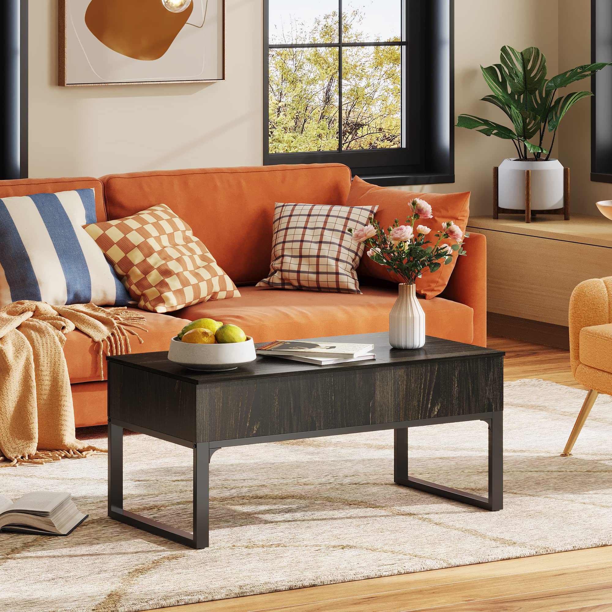 WLIVE Lift Top Coffee Table with Hidden Compartment, Cocktail Table, Rising Center for Living Room, Side Drawer and Metal Frame, Walnut Oak