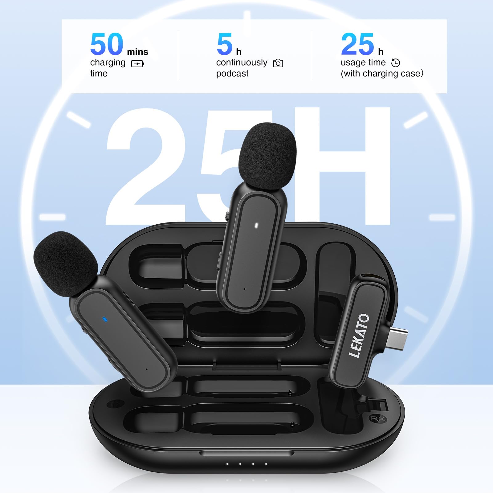 Wireless Lavalier Microphone for Android Phone with USB-C, LEKATO 2 Pack Wireless Microphone with Charging Case, 75ft Transmission Wireless Mic for Recording Video, Vlog, Interview, YouTube,Tiktok