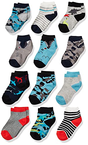 Spotted Zebra Boys' Kids Cotton Crew Socks, 12-Pack Camo/Shark/Dino, X-Small