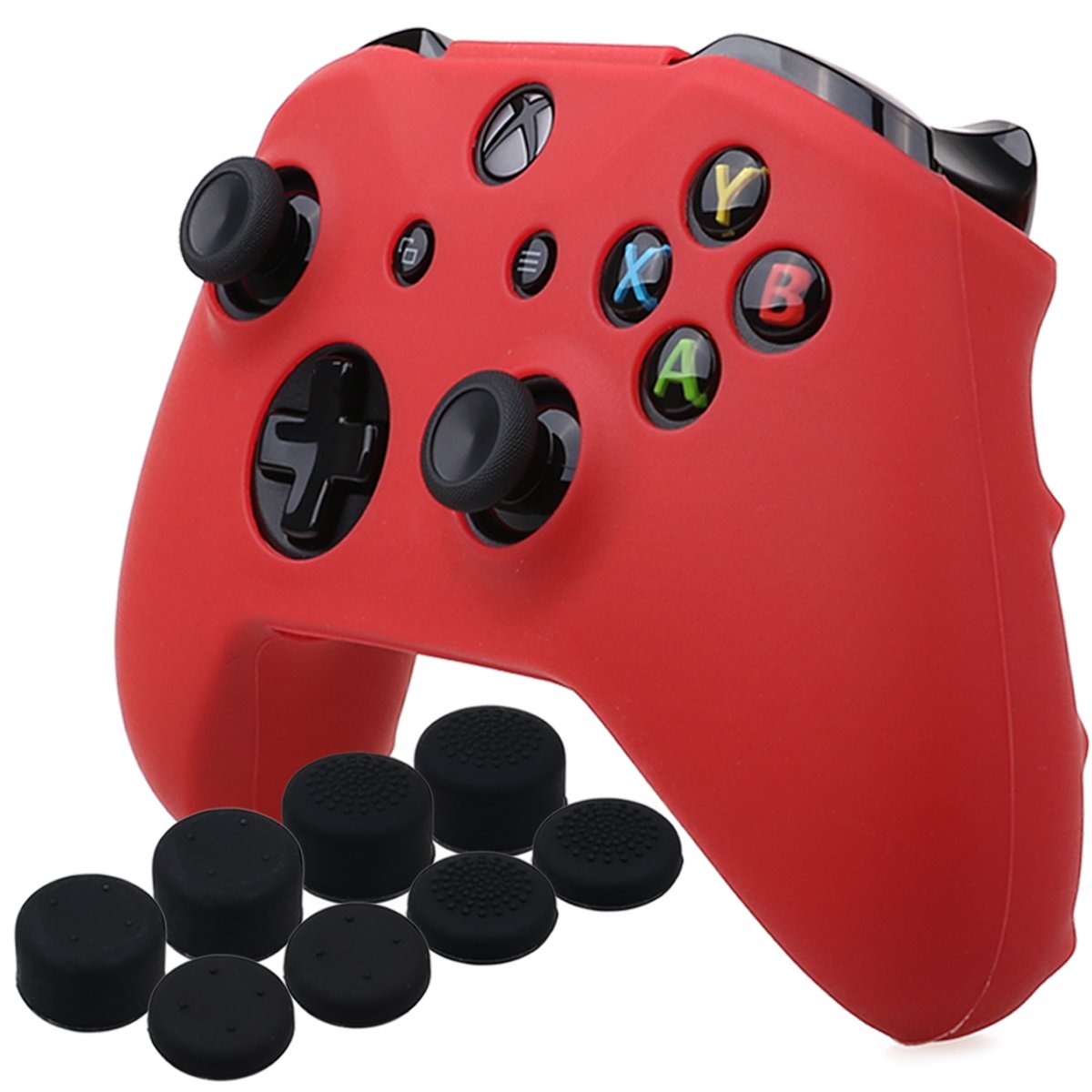 YoRHa Silicone Cover Skin Case for Microsoft Xbox One X & Xbox One S Controller x 1(red) with Pro Thumb Grips 8 Pieces