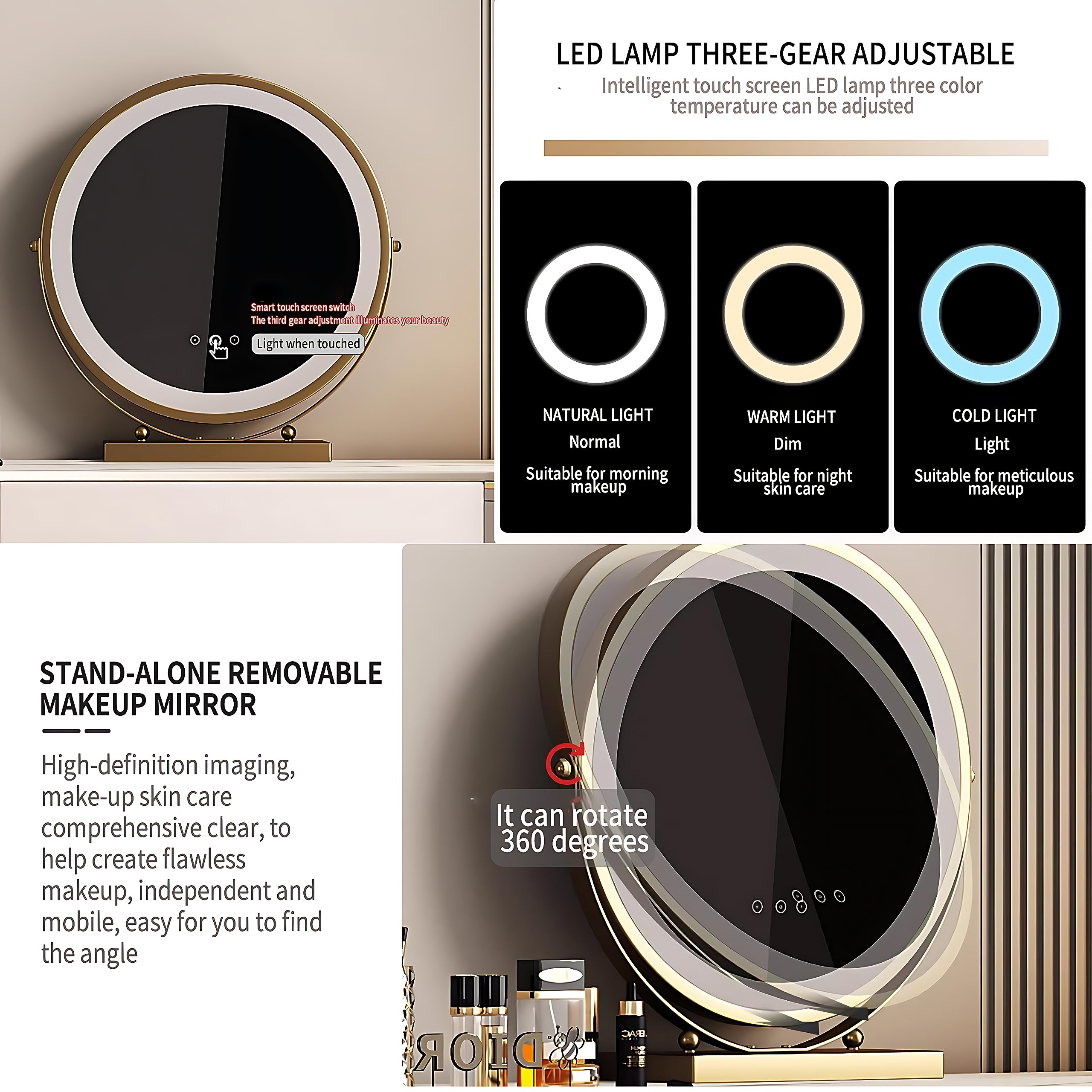 ZGNBSD Luxury Vanity Set - Elegant Makeup Table with Intelligent Mirror, Organized Storage & Comfortable Vanity Chair Solid Wood Bedroom Vanity for Her