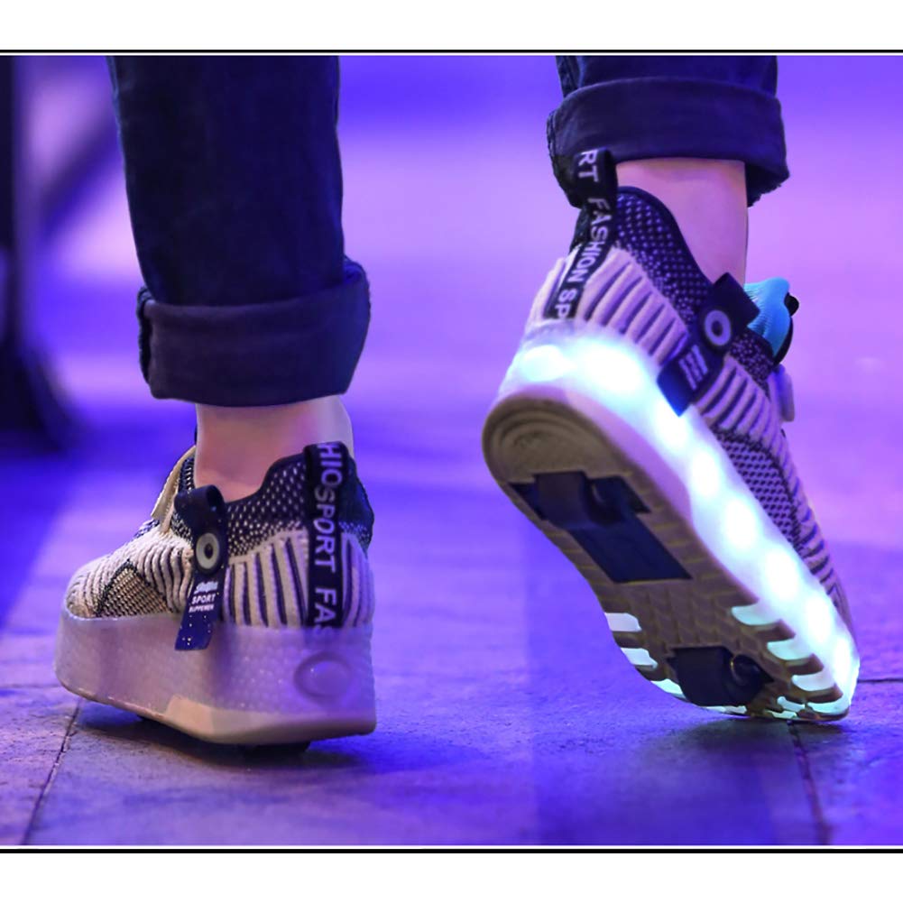 XinYiQu Kids Breathable Mesh Led Light Up Shoes USB Charging Double Wheels Roller Skate Shoes for Boys Girls 11 M US Little Kid,Blue