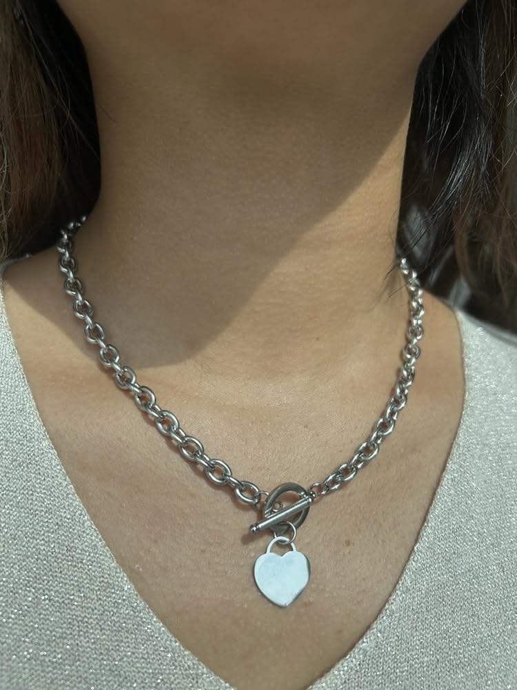 WangGao Elegent Love Stainless Steel Link Chain Blank Heart Charms Necklace for Women Toggle Clasp Closure,Silverā¦