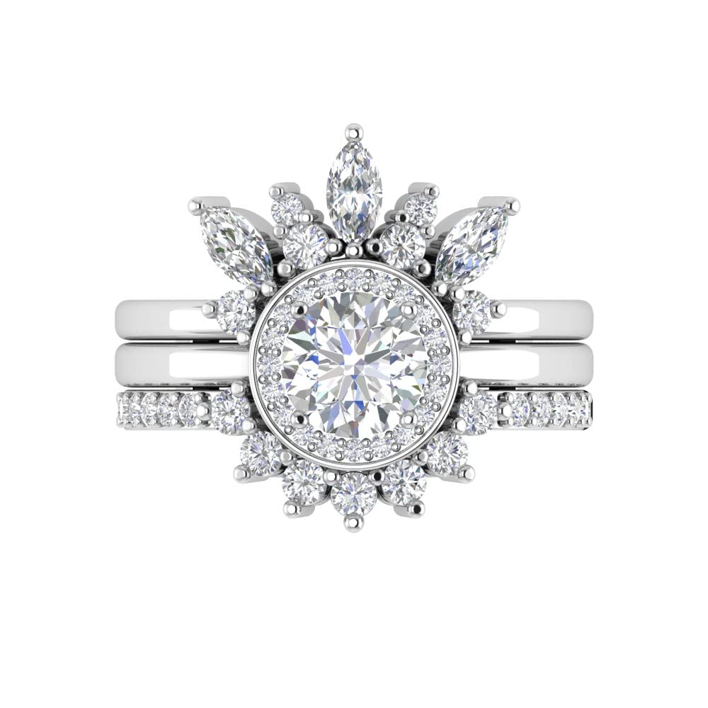 TwoBirch Sterling Silver Cubic Zirconia Delicate Tiara Floral Design Border Ring Guard Round Halo Engagement Ring CZ Duo Stackable Ring Set (Size 7)