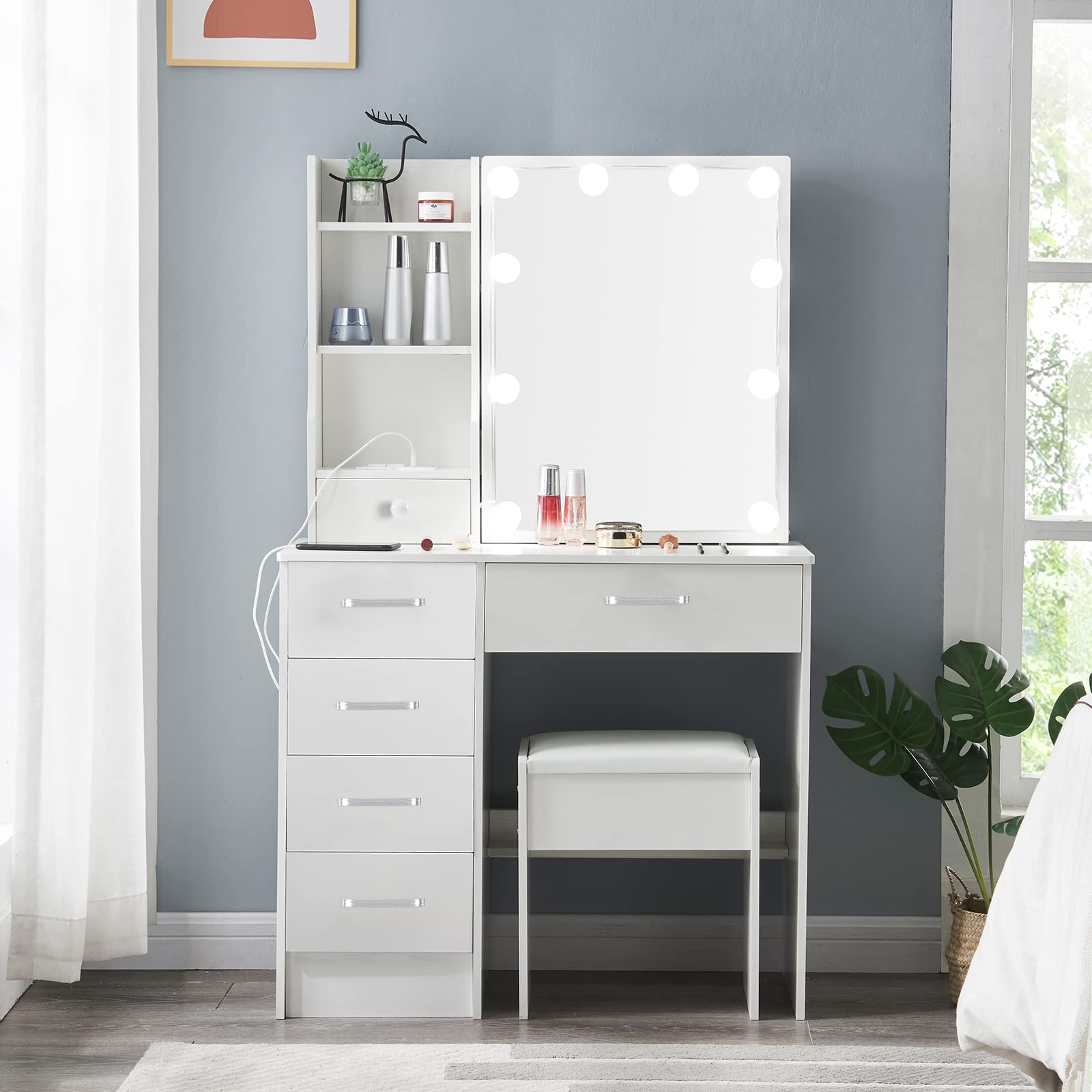 Vanity Set Makeup Dressing Table with Light and Mirror, Cushioned Stool for Bedroom, Dressing Desk for Girls Women, Vanity Desk with 6 Drawers, White