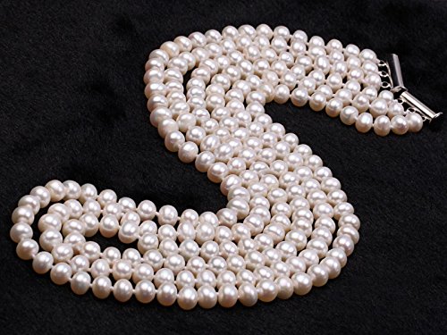 Womens 3-row 8-9mm Flatly-round Freshwater Cultured Pearl Necklace 16"