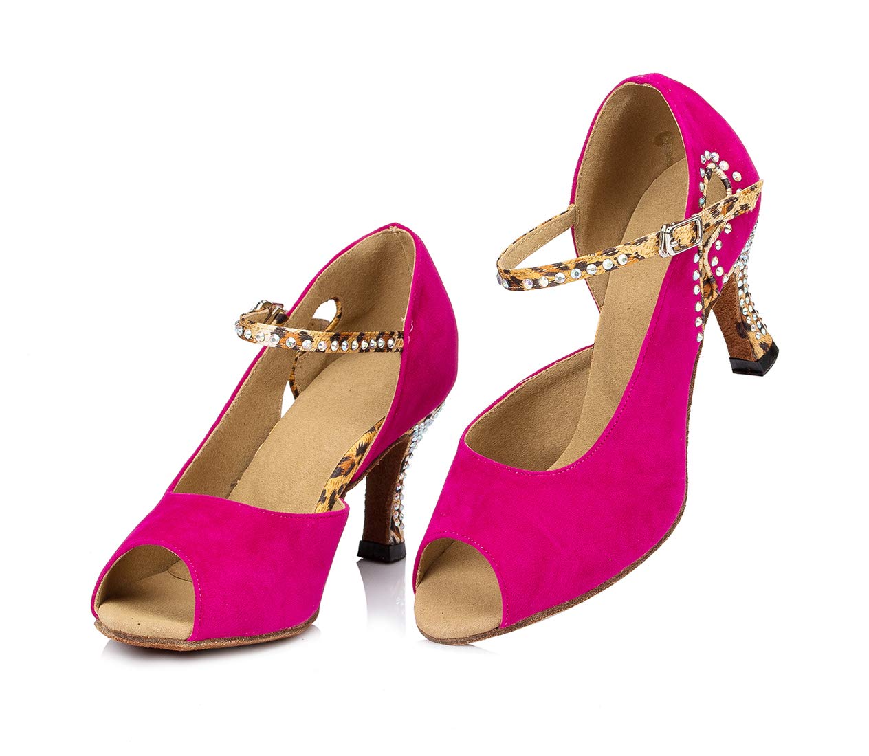 URVIP 2021 Women's Suede Leather High-Heel Ballroom Pumps Modern Latin Tango Shoes Ankle Strap Dance Shoes LD001 Fuchsia 5.5 B(M) US