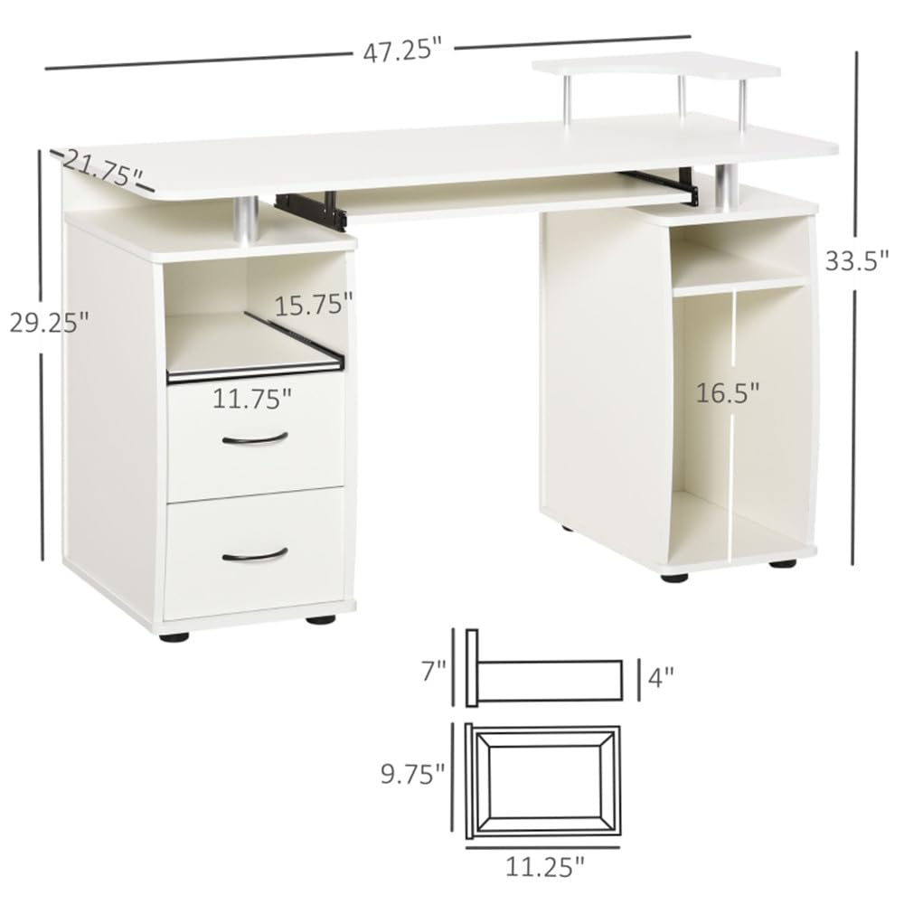 White Computer Desk with Storage Shelves Monitor Stand Keyboard Tray, Home Office Desk, Simple Modern Style Laptop Desk for Small Space, Office Desk with Adjustable Monitor Stand Study Writing Table
