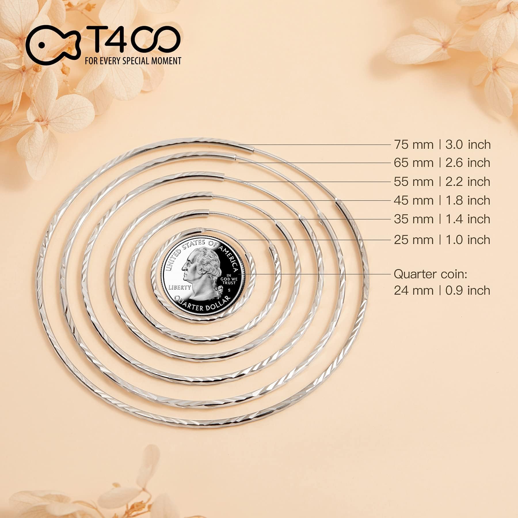 T400 925 Sterling Silver Hoops 2mm Diamond Cut Round Circle Lightweight Large Hoop Earrings 65 mm Gift for Women