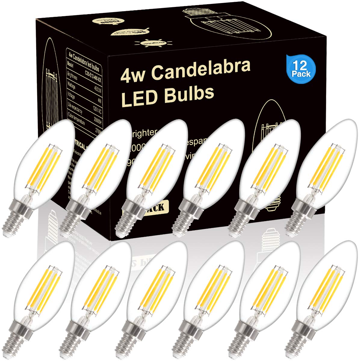 ZJOJO LED Candelabra Bulbs B11 Candelabra LED E12 Candelabra Base Candle Bulbs 2700K Warm 40 Watt Using only 4Watts Chandelier Indoor/Outdoor 2700K 12Pack E12 Base NO-DIM