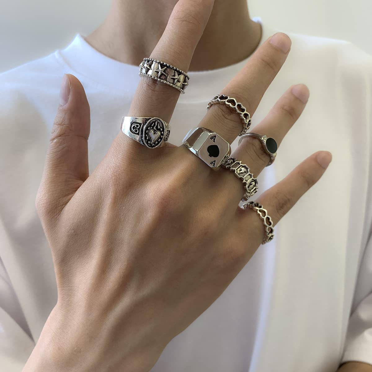 XUN Zhe Vintage Gold Silver Punk Rings for Men Women,Cool Gothic Ring Set,Chunky Stackable Joint Knuckle Rings,Retro Skull Ace Malachite Rings (Silver)