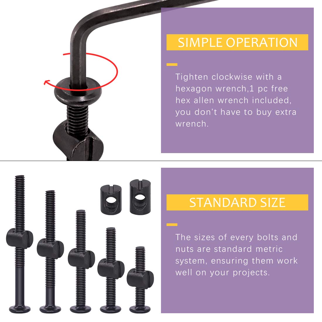 Swpeet 120Pcs Crib Hardware Screws, Black M6 × 35/45/55/65/75mm Hex Socket Head Cap Crib Baby Bed Bolt and Barrel Nuts with 1 x Allen Wrench Perfect for Furniture, Cots, Crib Screws