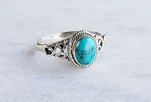 Yuren Vintage Women's 925 Sterling Silver Ring Oval Cut Natural Bohemia Turquoise Jewelry Turquoise Moonstone Ring Wedding Jewelry Size 6-10 (US Code 6)
