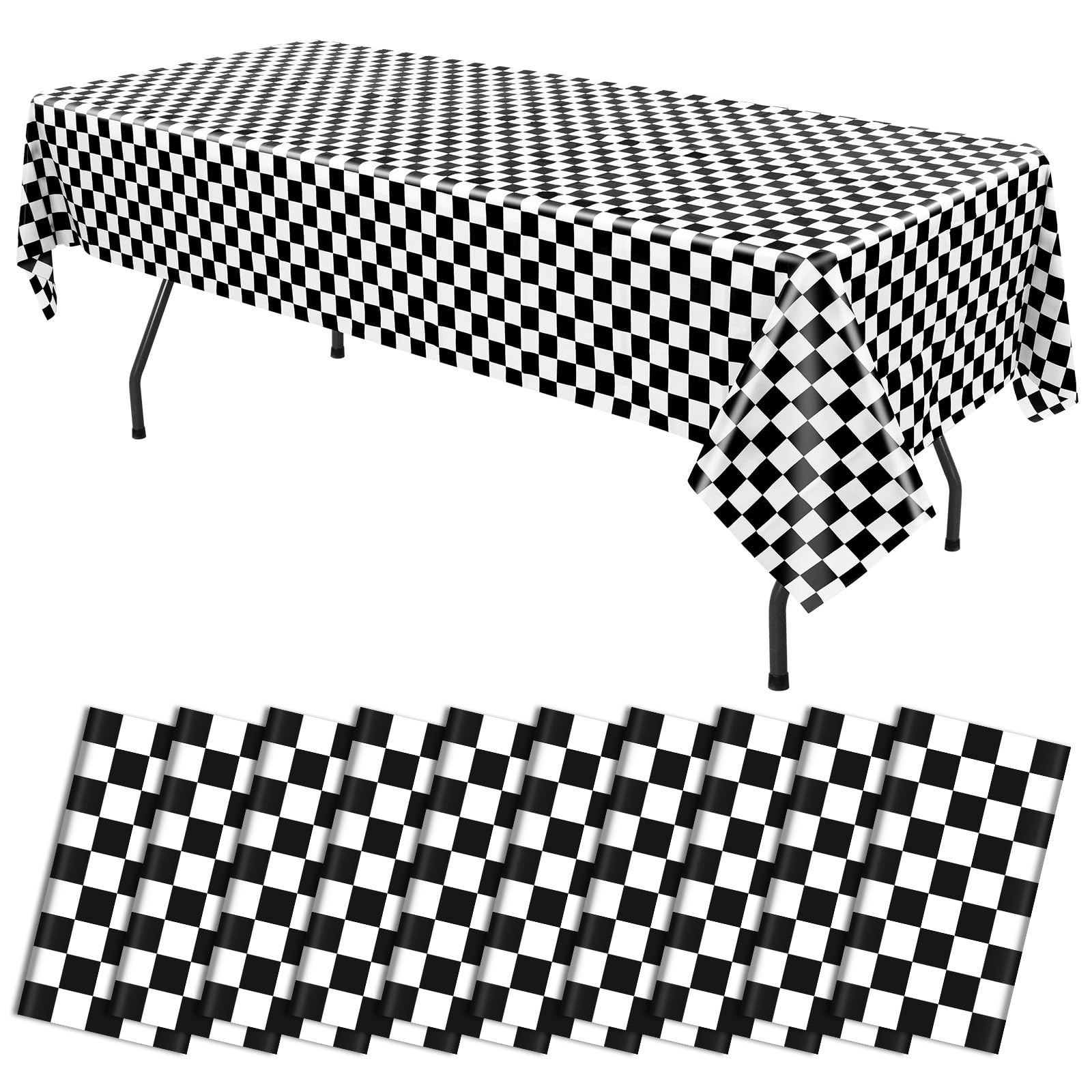 Teruntrue 10 Packs Black Checkered Plastic Tablecloth 54"x108"Black and White Checkered Table Cover Disposable Racing Table Cloth Will Cover Any Table up to 8 ft for Weddings Birthday Party Décor
