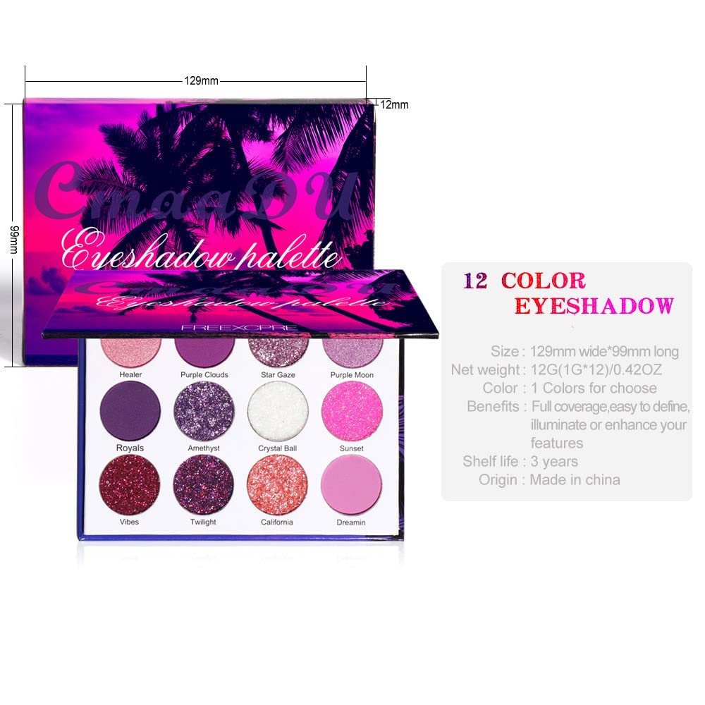 UOCK Purple matte shimmer eyeshadow palette, 12 colors glitter eyeshadow long lasting high pigment pink multi-color waterproof makeup palette