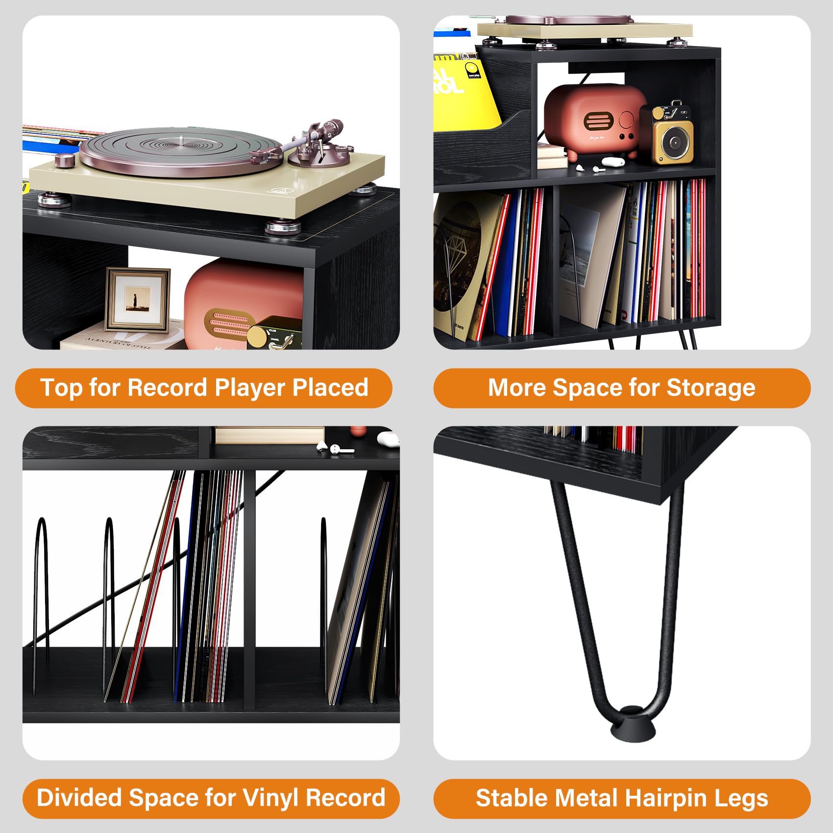 TC-HOMENY Record Player Stand with Vibration-Isolated Turntable Design, Vinyl Record Storage Table with Charging Station, Mid-Century Modern Turntable Stand (Black)