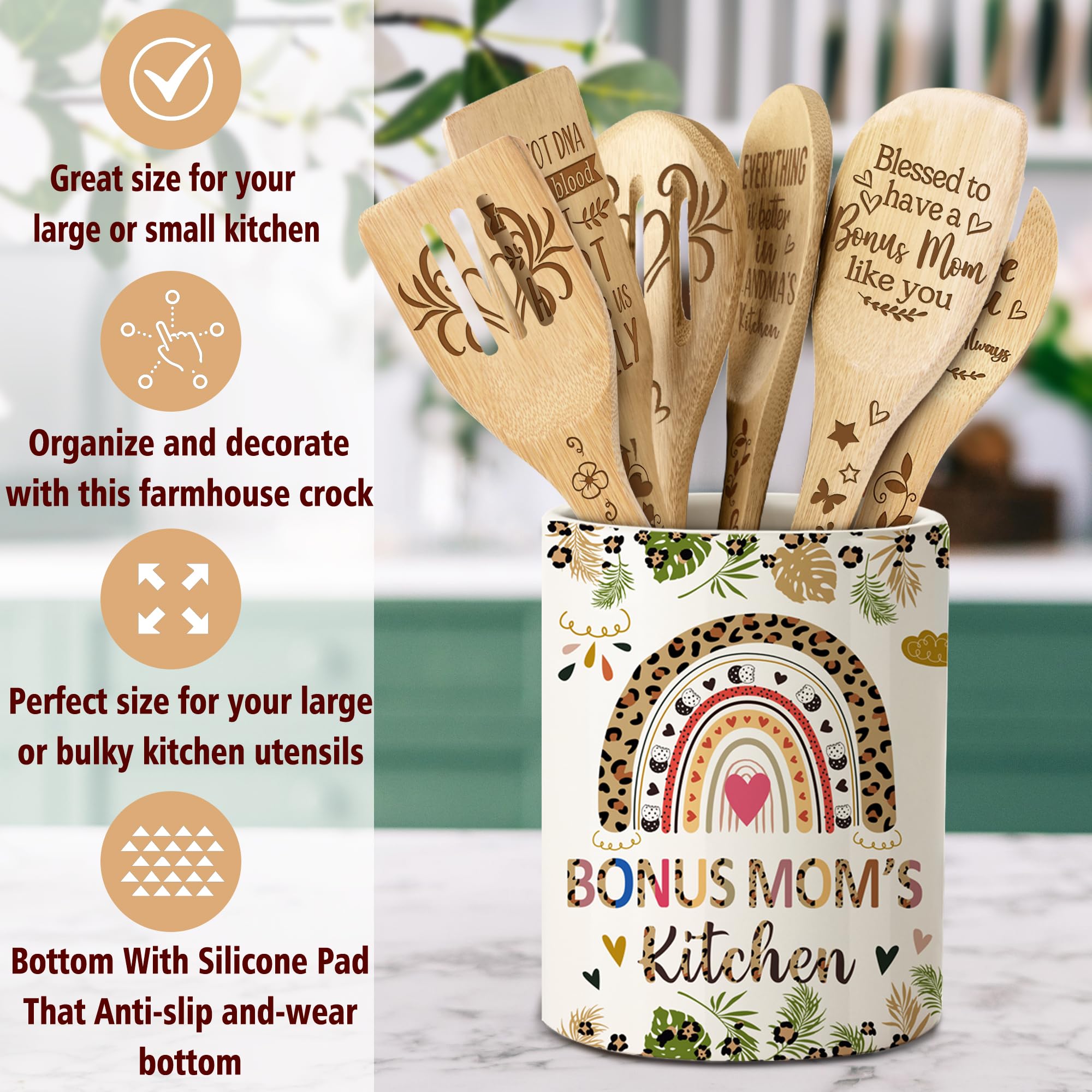 Thanksgiving Decorations Ceramic Utensil Holder with 6PC Thanksgiving Bamboo Spoons-Turkey Cooking Tools Kitchen Utensils Set with Bamboo Spoons for 6-Farmhouse Thanksgiving Kitchen Decor for New Home
