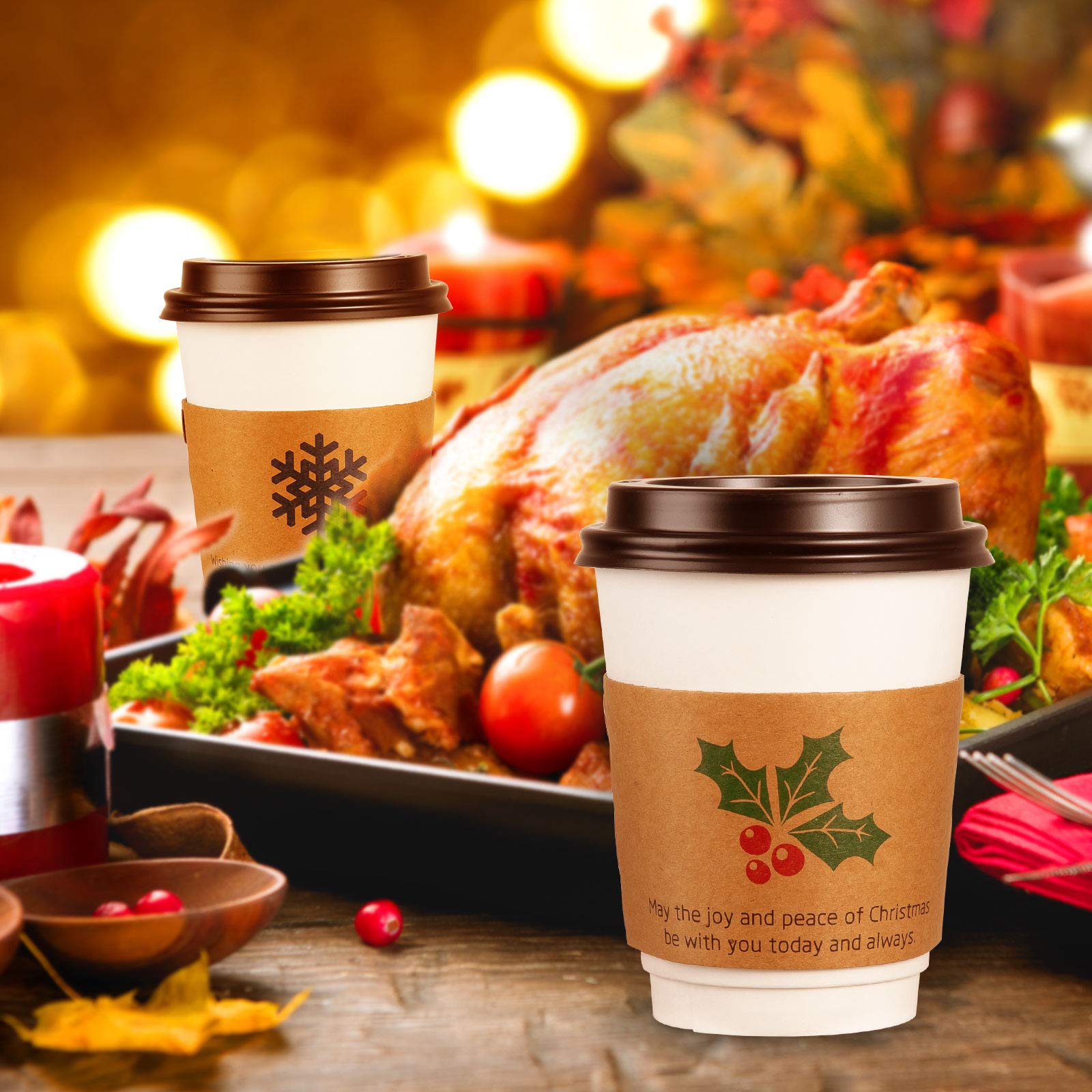 Whaline 60 Pack Christmas Coffee Cup Tea Cup Sleeves 6 Designs Kraft Paper Sleeves for 12 and 16oz Paper Cup Disposable Corrugated Cup Paper Jacket for Hot Chocolate Cocoa or Cold Beverage