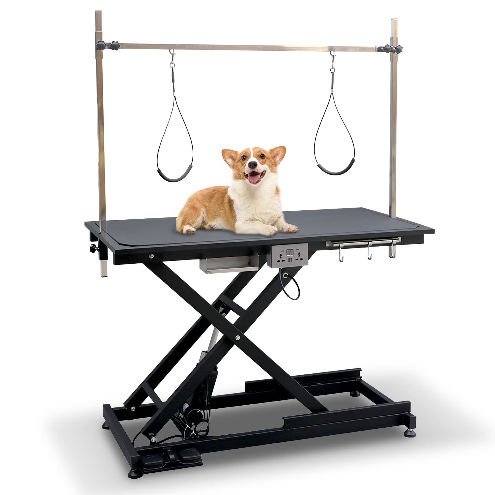 SoarFlash 49.6” Electric Lift Pet Dog Grooming Table,Heavy Duty Electric Grooming Table for Dogs&Cats,Heavy Duty Height Adjustable with Overhead Arm, Clamps, Two Grooming Noose