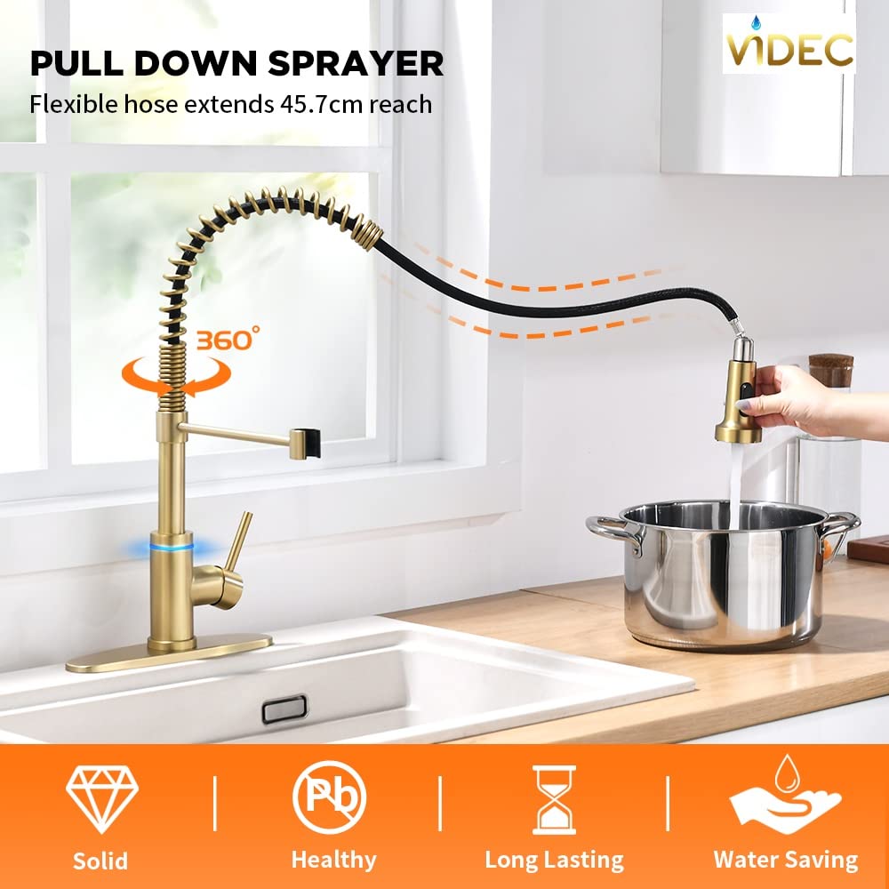 VIDEC Smart Kitchen Faucet, 3 Modes Pull Down Sprayer, Smart Touch On Sensor Activated, LED Temperature Control, 360-Degree Rotation, 1 or 3 Hole Deck Plate. (KW-66J, Brushed Gold, 17.90 Inches)