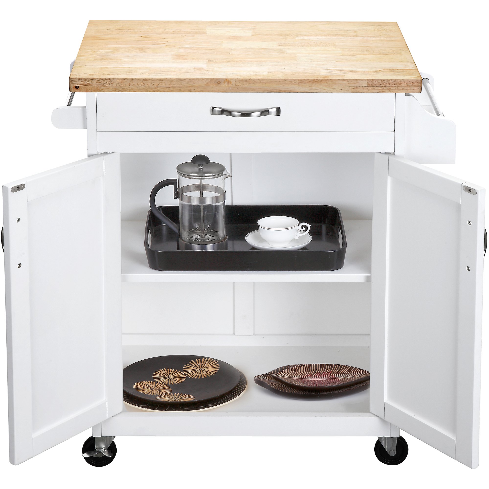 White Kitchen Island Cart with Wheels Wood Top Storage Cabinet Drawer Towel Holder Spice Rack Rolling Utility Shelf Furniture Table Home Office Bar Rack Cupboard