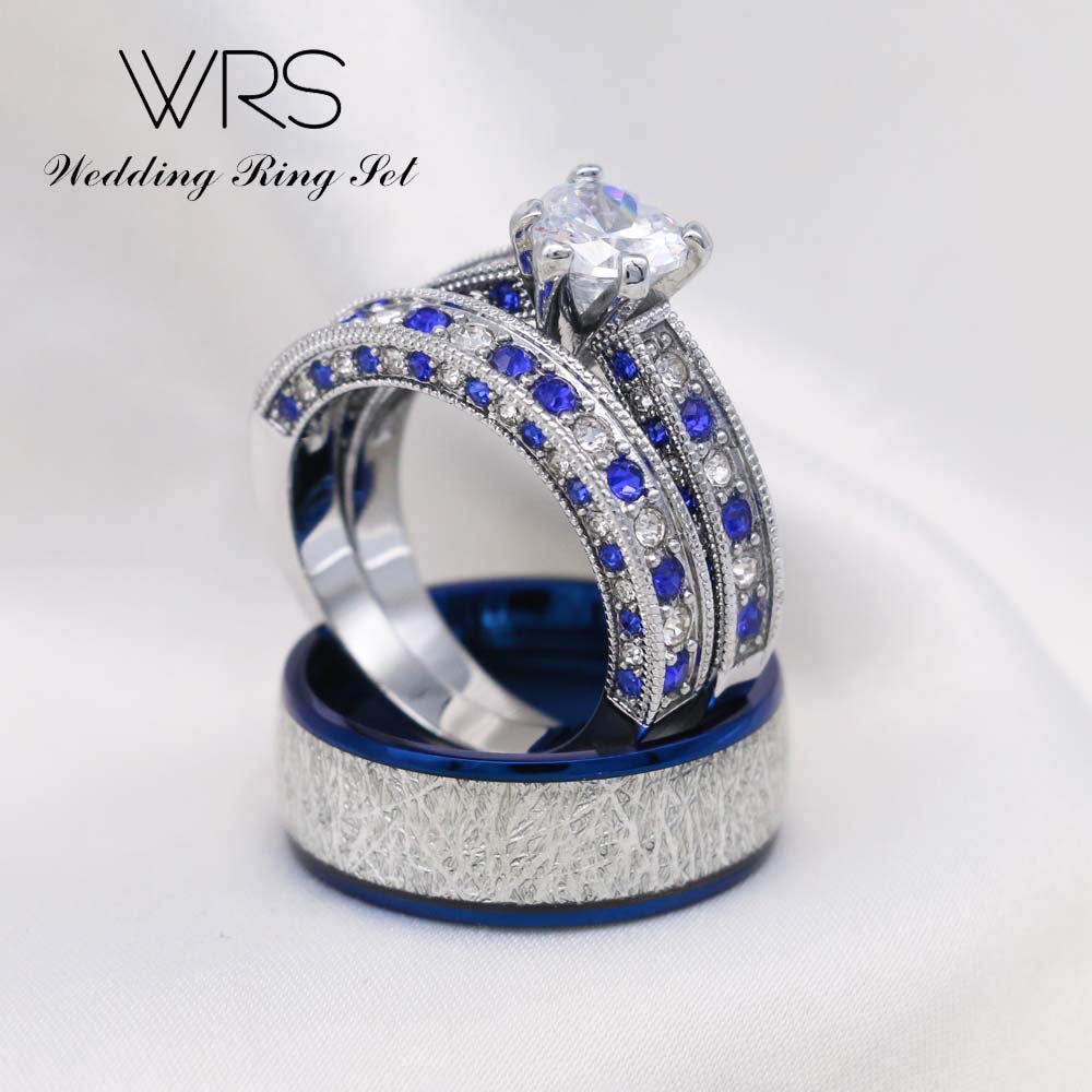 Two Rings His Hers Wedding Ring Sets Couples Matching Rings Women's 2pc White Gold Filled Heart CZ Wedding Engagement Ring Bridal Sets Men's Stainless Steel Wedding Band