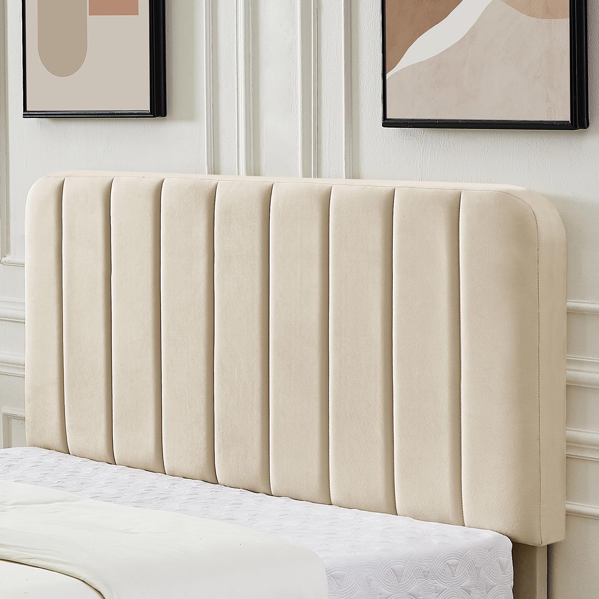 VECELO Queen Size Upholstered Bed Frame with Adjustable Headboard, Velvet Platform Bedframe Mattress Foundation, Strong Wood Slat Support, No Box Spring Needed, Beige