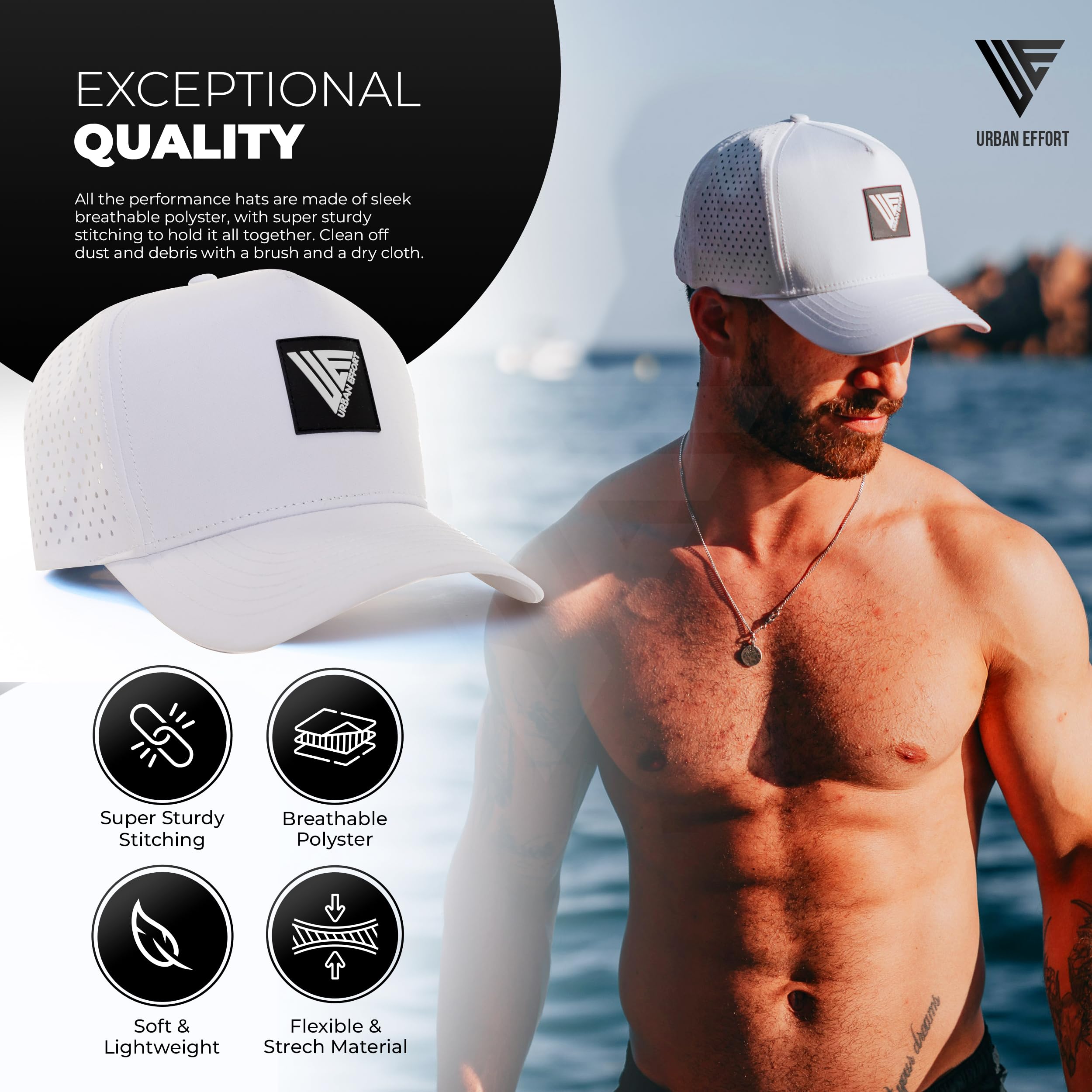 Urban Effort Hydro Performance Hat-Water-Resistant Baseball Cap-Men and Women-Great Snapback for Golf, Adventure,Lake,Workout (White, Curved Bill)