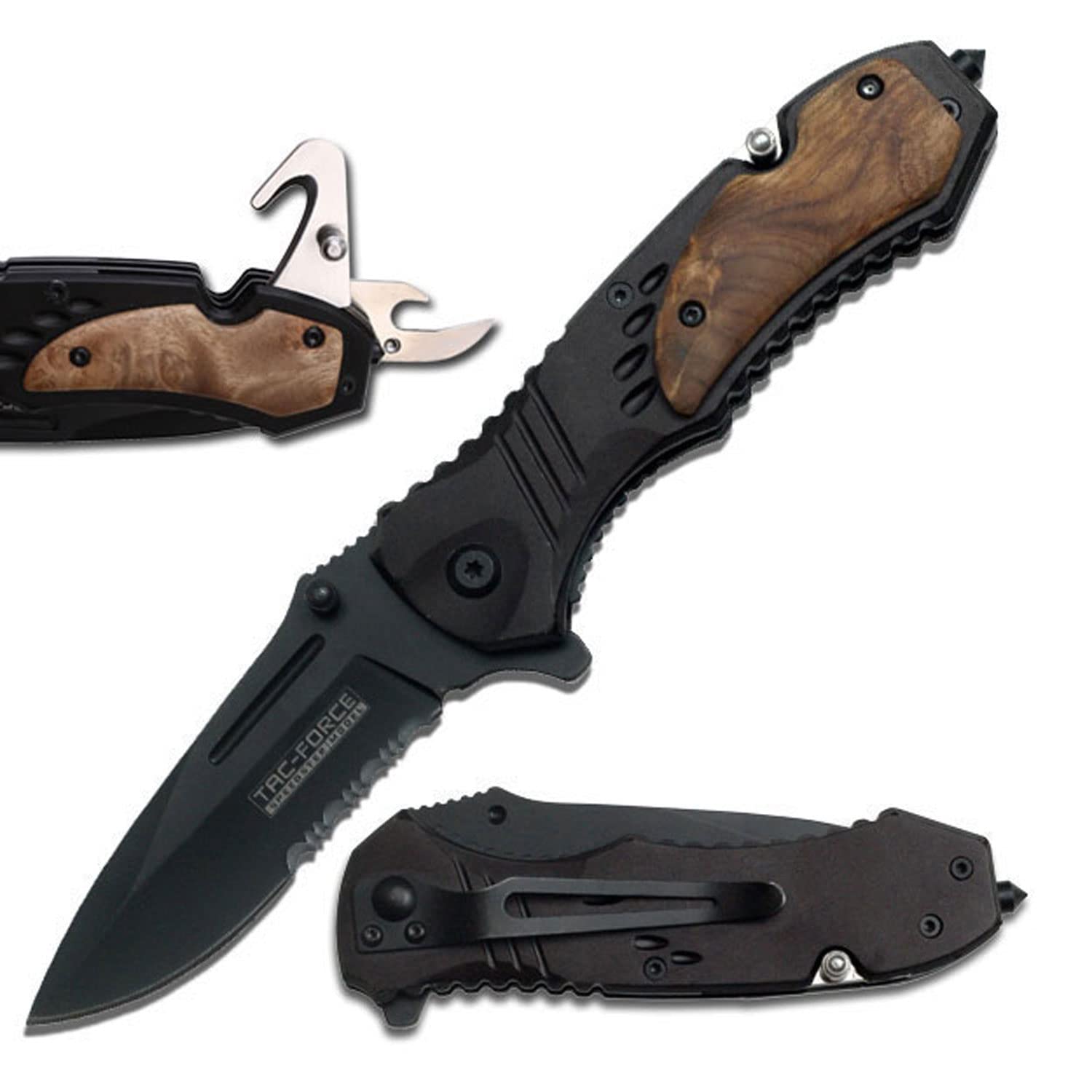 TAC Force TF-606WS Spring Assist Folding Knife, Black Half-Serrated Blade, Burl Wood Handle, 4.5-Inch Closed