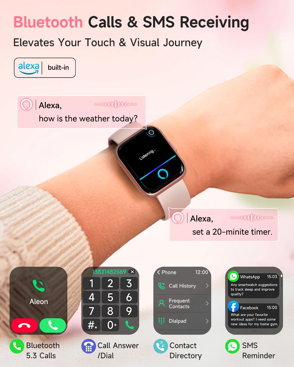 Smart Watch for Men Women(Call Receive/Dial), Alexa Built-in, 1.8" Touch Screen Fitness Tracker with Heart Rate Sleep Tracking, 100 Sports Modes, 5ATM Waterproof Smartwatch for Android iPhone, Pink