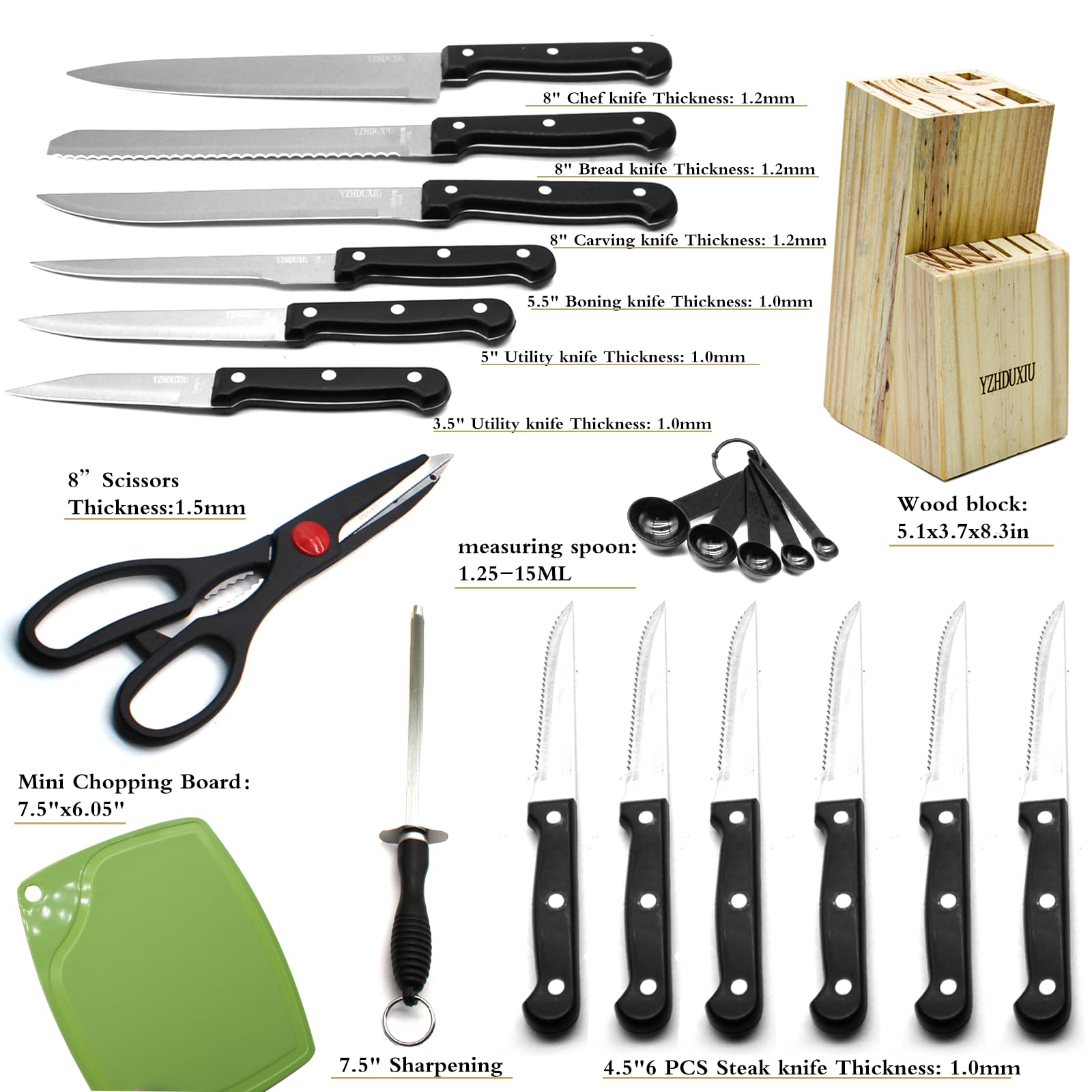 YZHDUXIU 21-Pieces Knife Block Set, Sharp Kitchen Knife Set with Chopping Board, Measuring Spoon & Wood Block, High-Carbon Stainless Steel Knife Sets for Cooking, Cutting Steak & Vegetable