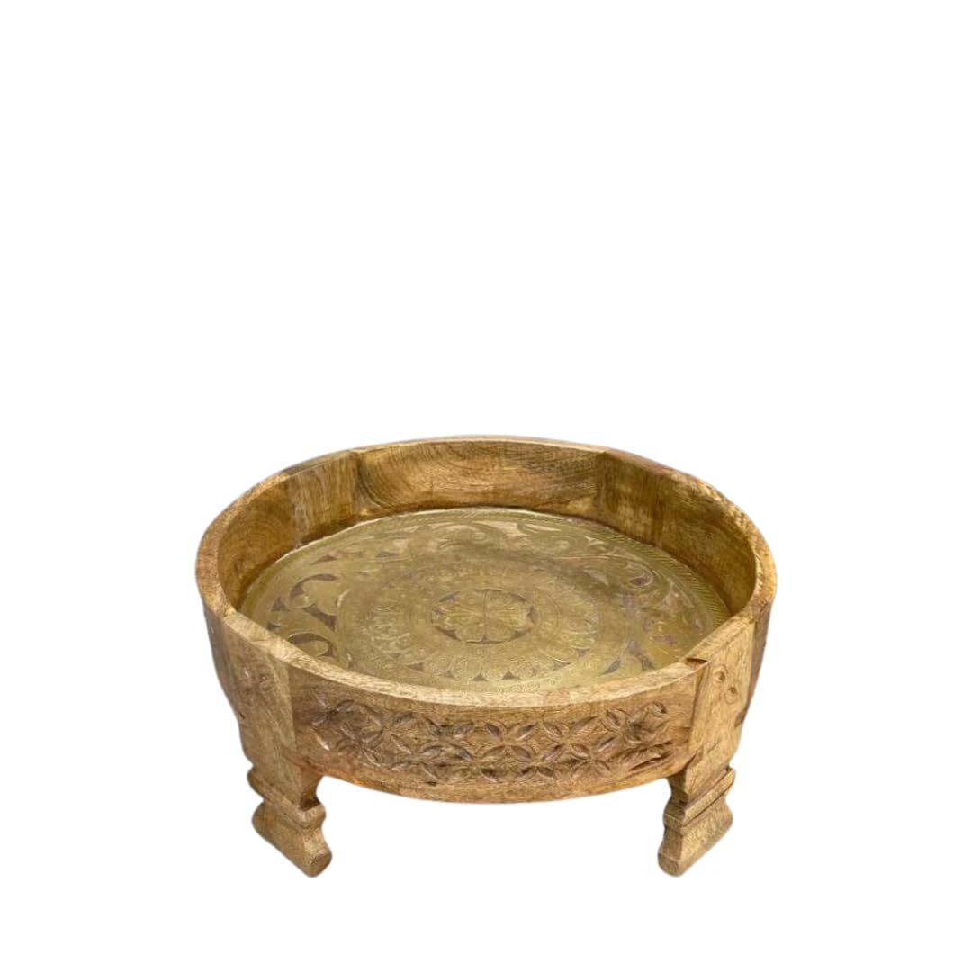 Solid Wood Chakki Table In Floral Pattern Carving, Brass Fitted Grinder Table, Living-room Side Table/Lamp Table/Nightstand Table (45x45x20 Cm)