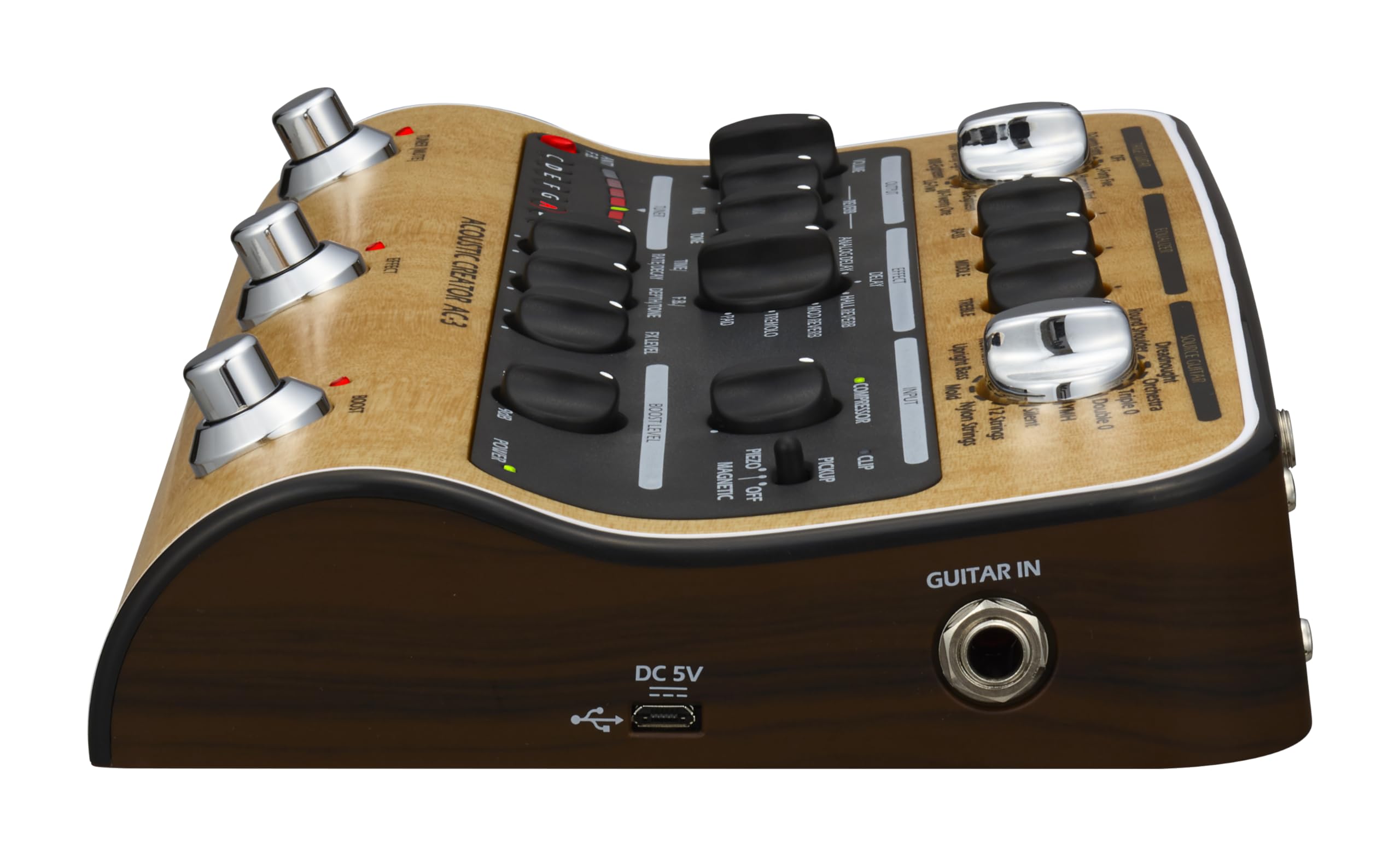 Zoom AC-3 Acoustic Creator, Acoustic DI with Tone Restoration, Acoustic Modeling, 9 effects, Compression, Tuner, Reverb, EQ, and Anti-Feedback