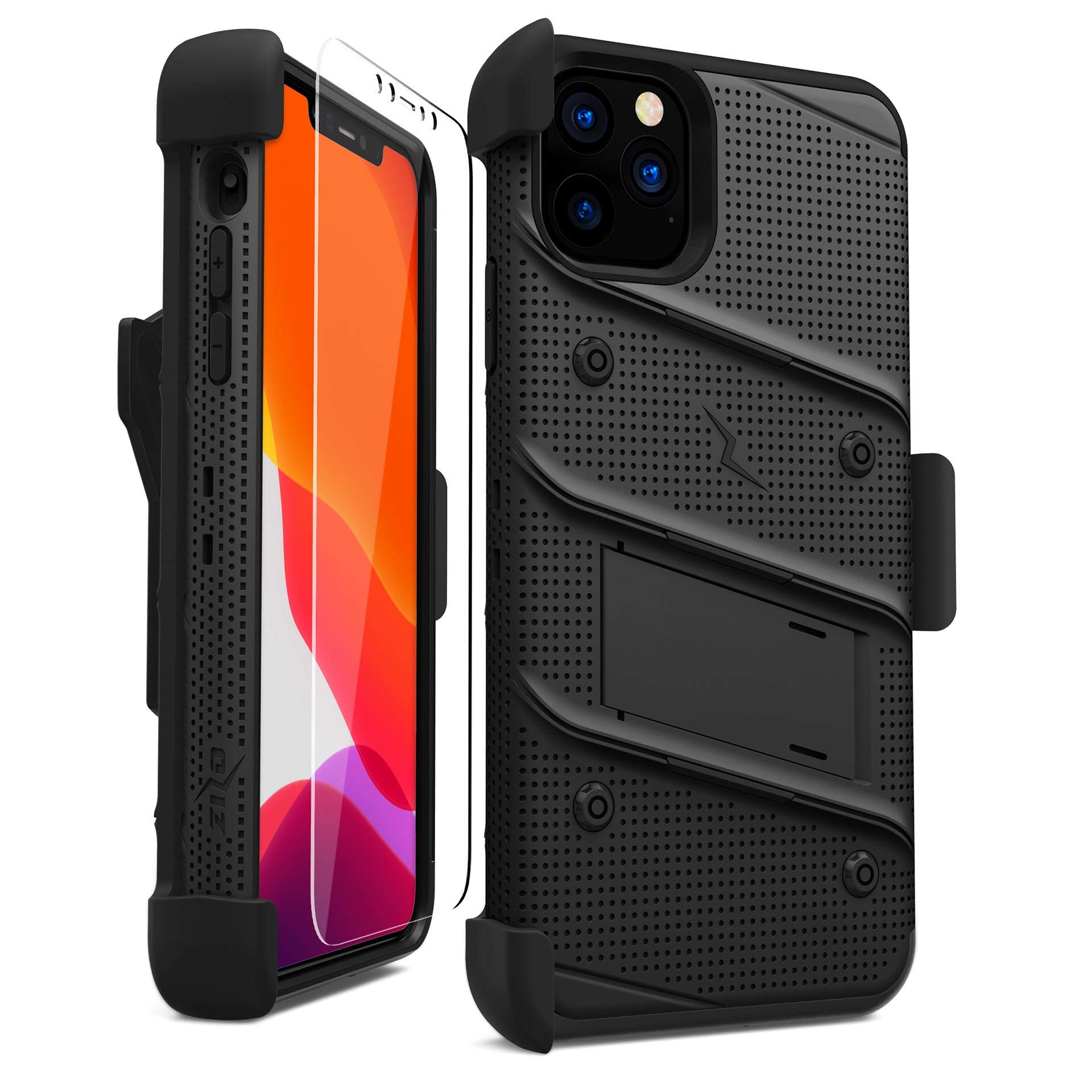 Zizo Bolt Cover - Case for iPhone 11 Pro Max with Military Grade + Glass Screen Protector & Kickstand and Holster (Black