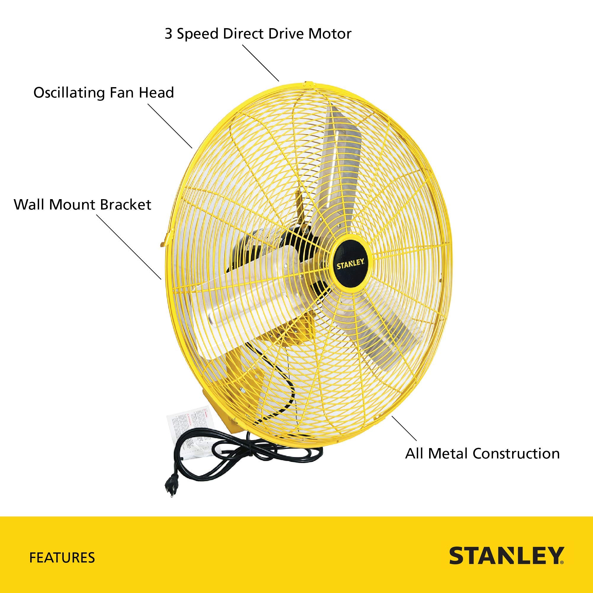 STANLEY 24 Inch Oscillating Industrial High Velocity Wall Mount Fan. Use for Shop, Garage or Warehouse. All-Metal Construction, 3 Speed Settings, Wall Mount Bracket Included (ST-24WOSC)