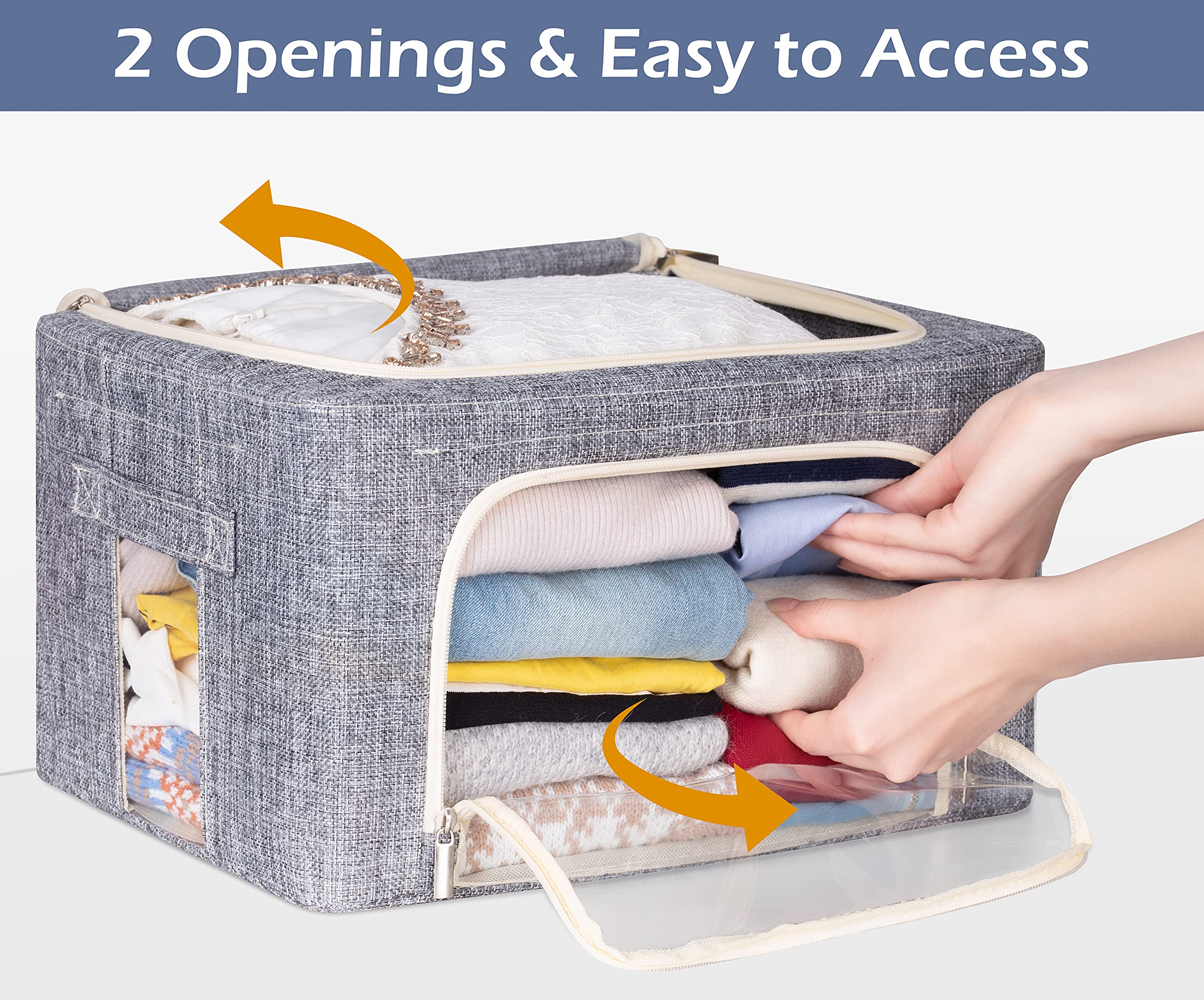 SLEEPING LAMB Stackable Oxford Cloth Steel Frame Storage Box with Front Opening Foldable Clothes Storage Bins Organizer for Sweaters, Blankets, Sheets, Bedding, 2 Packs, Grey