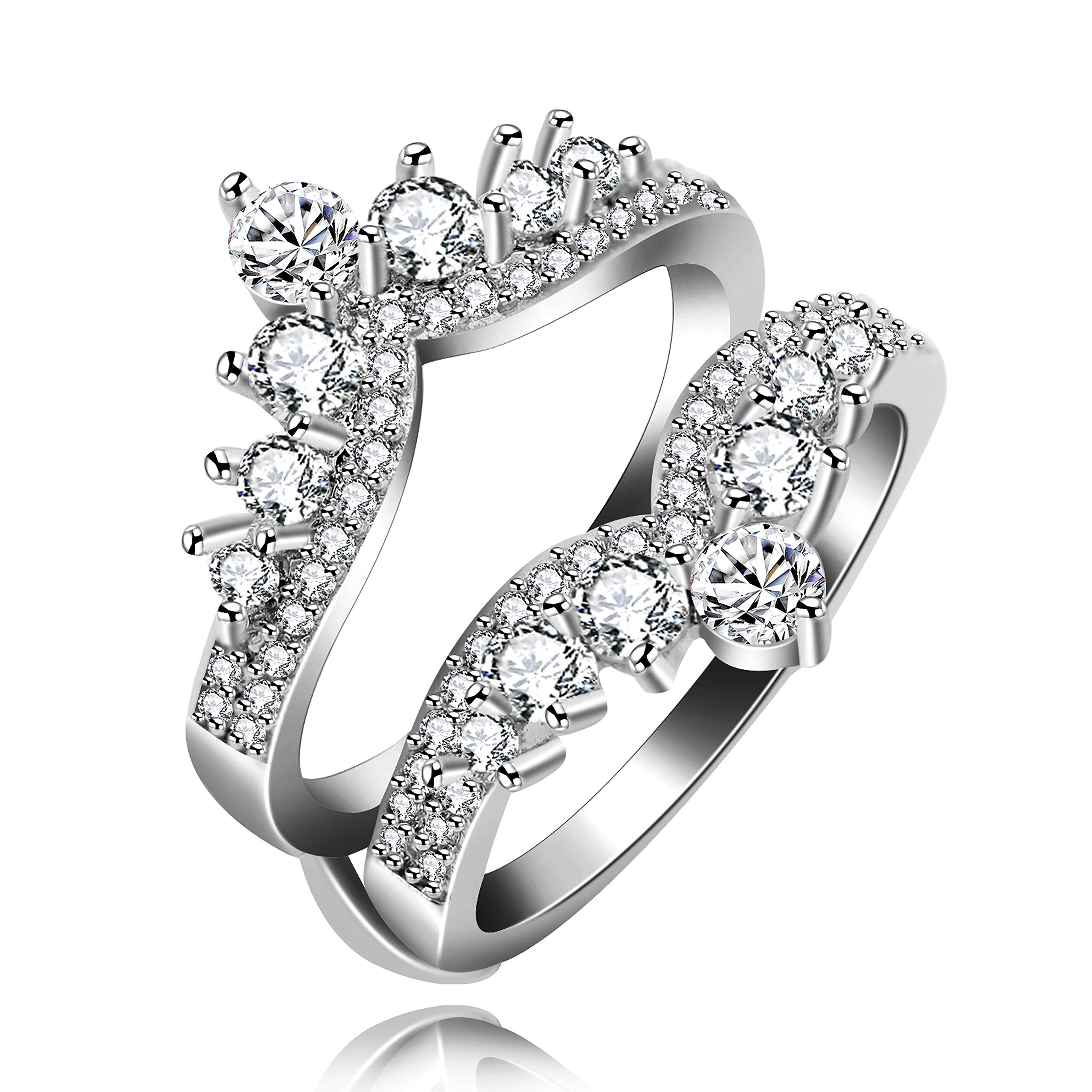 Uloveido Women's Simulated Diamond Princess Crown Ring Wraps and Enhancers Wedding Engagement Rings Guard Enhancer Double Band (Size 6)