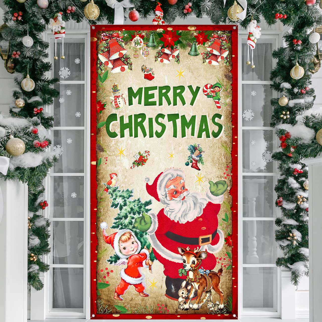 Vintage Christmas Decorations Merry Christmas Door Cover Backdrop with Santa Claus Elk Christmas Tree Hanging Banner for New Year Indoor Outside Front Door Party Supplies