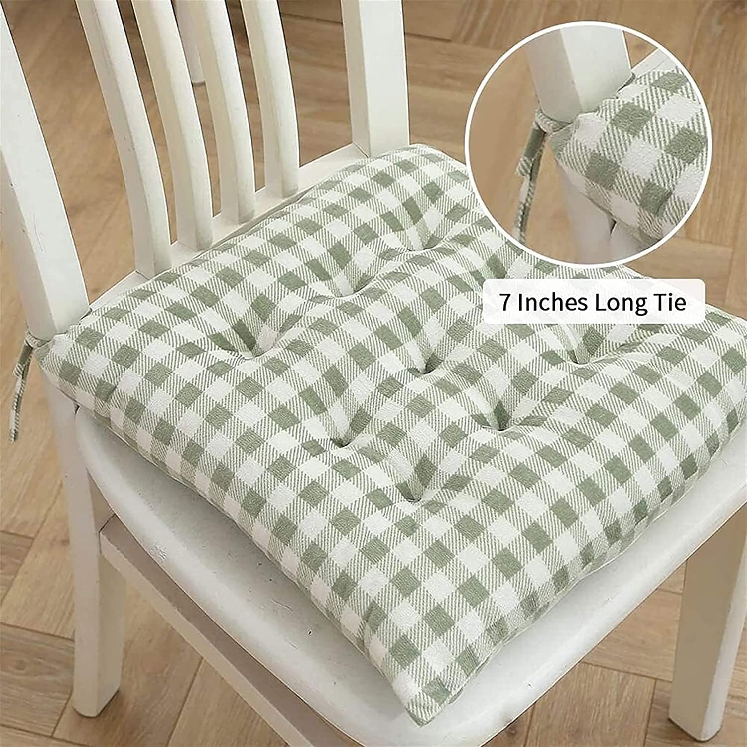 WAGHAIXAX 16 inch x16 Buffalo-Checked Plaid Dining Chairs Cushions, Soft Seat Pads Set Cotton Filled Square Cushion Chair for Kitchen Room Office, with Ties (Green, 2)