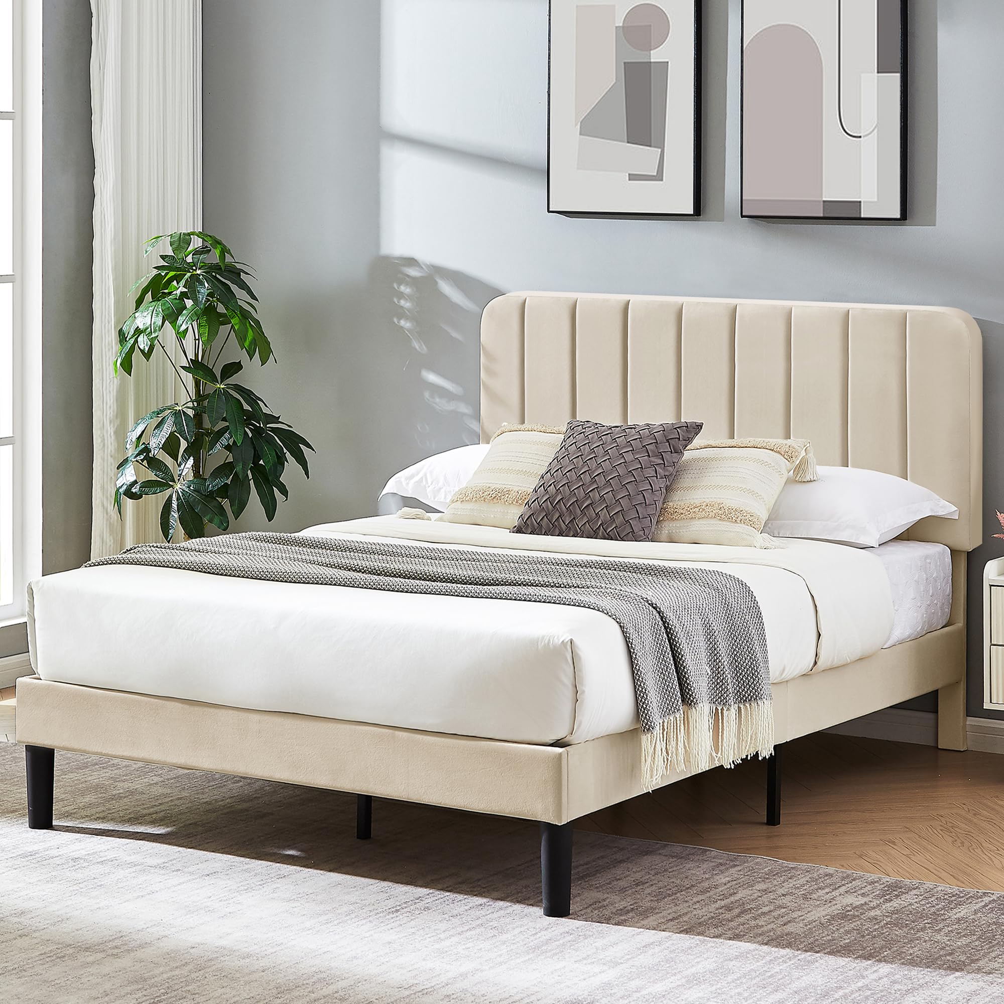 VECELO Queen Size Upholstered Bed Frame with Adjustable Headboard, Velvet Platform Bedframe Mattress Foundation, Strong Wood Slat Support, No Box Spring Needed, Beige