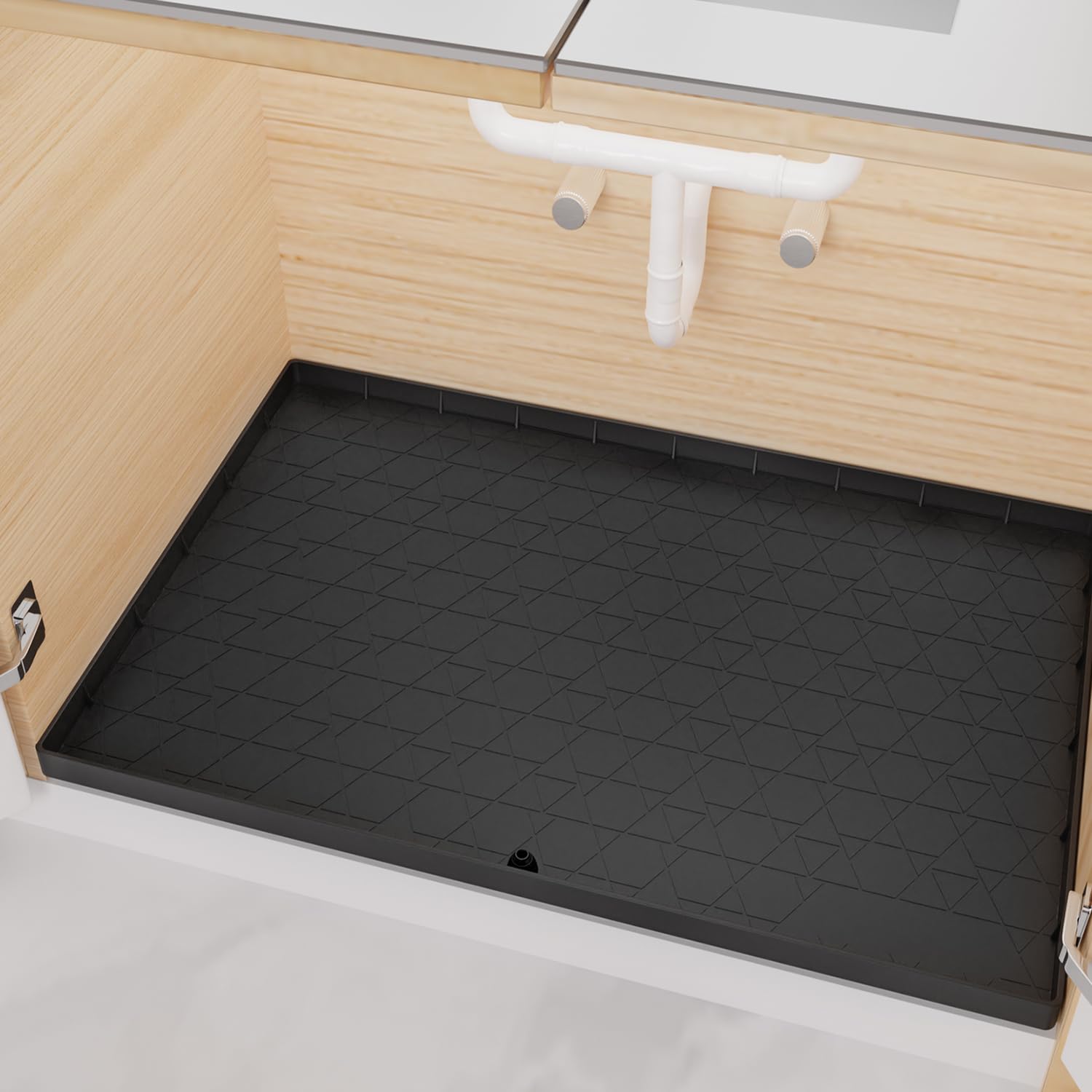 ULTSOFE Kitchen Mat Waterproof, 34"x22" Silicone Under Sink Shelf Liner with Drain Hole, Under The Sink Cabinet Protection Mat for Kitchen & Bathroom, Drips Leaks Spills Tray, Black