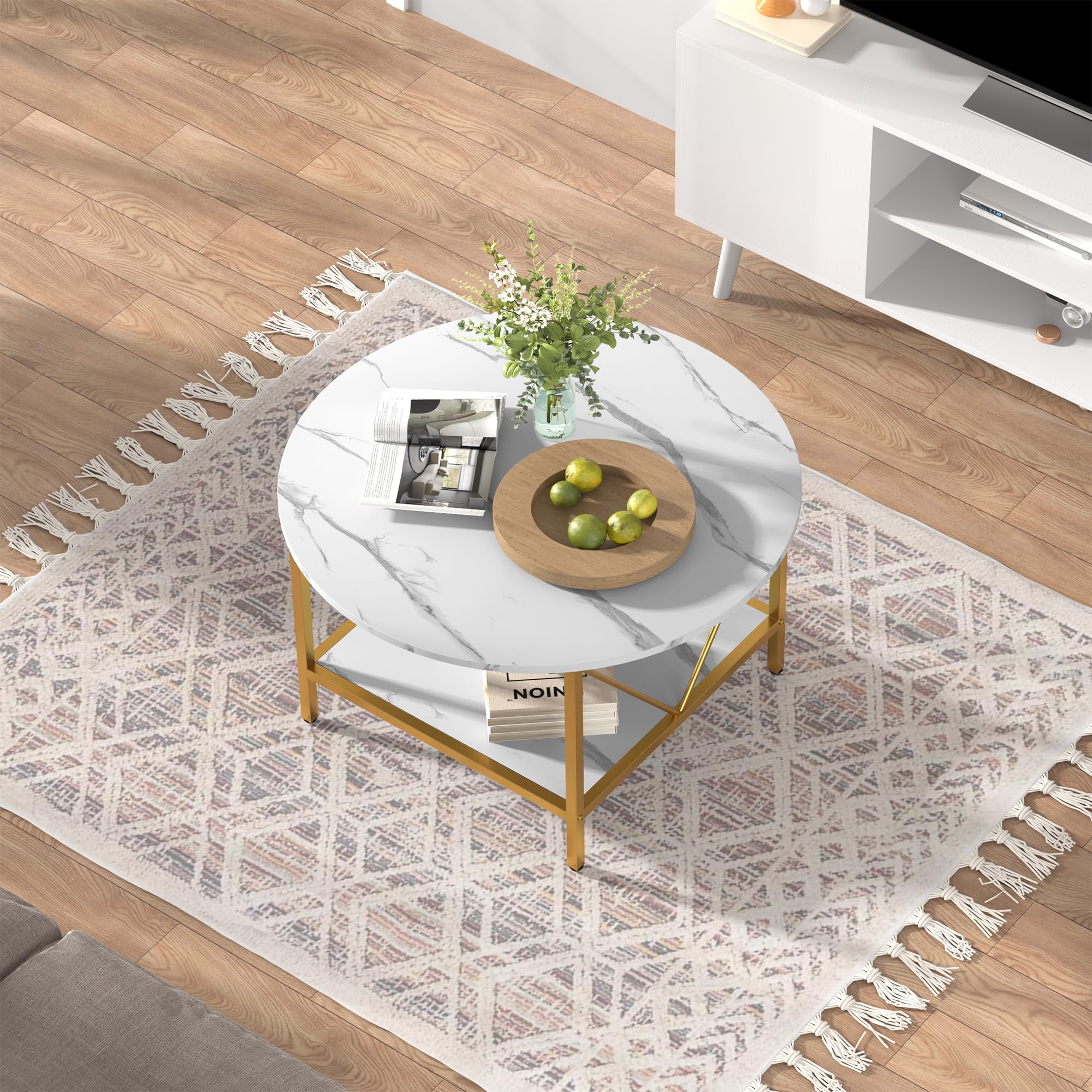 Yusong Round Coffee Table for Living Room, Farmhouse Circle Coffee Table with Storage Shelf, 2-Tier Modern Center Table with White Faux Wooden Tabletop, Gold Metal Frame