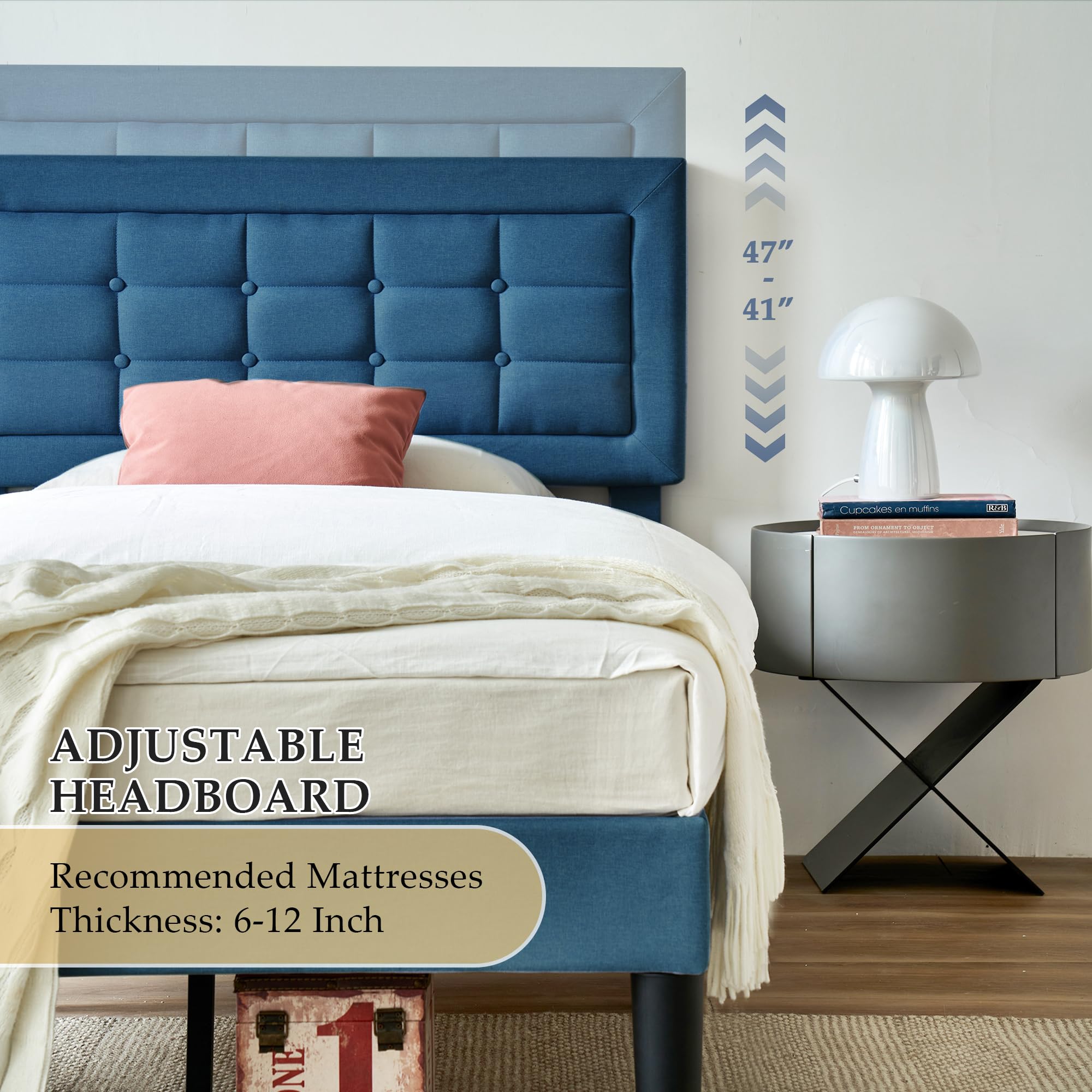 VECELO Twin Size Bed Frame with Adjustable Headboard, Upholstered Button Tufted Platform Bedframe with Wood Slats Support, No Box Spring Needed, Linen White