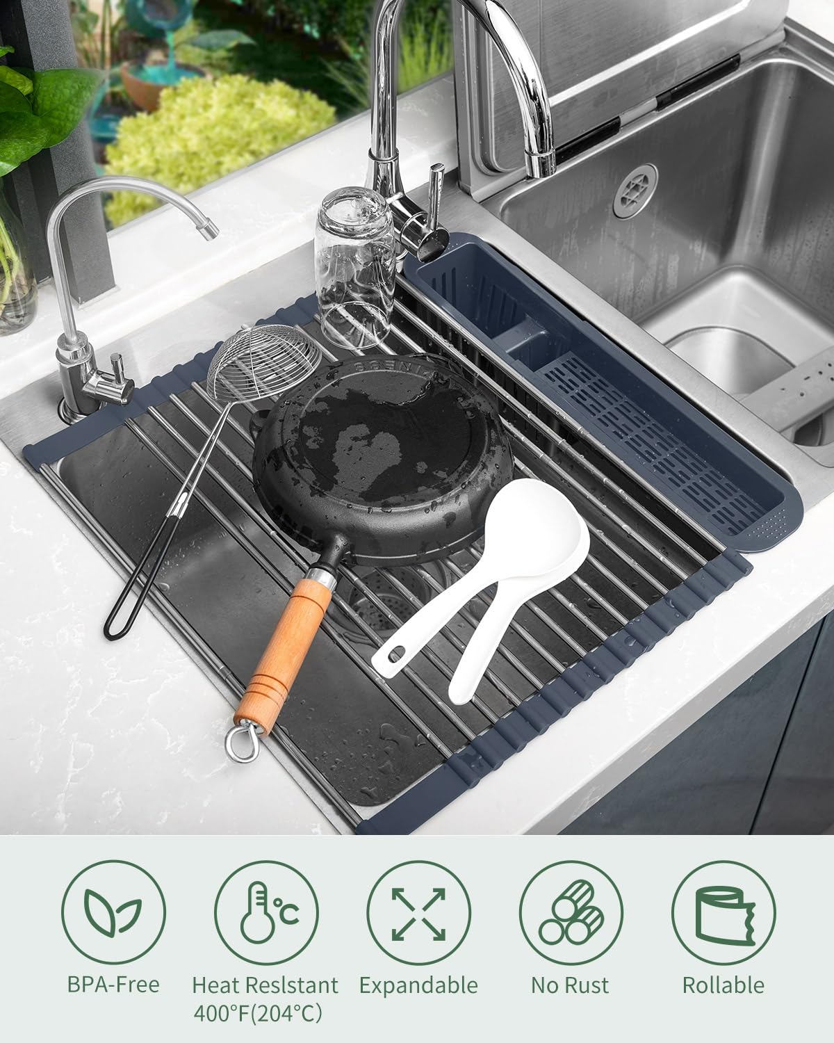TREANY Expandable Roll Up Dish Drying Rack with Utensil Holder,Over The Sink Dish Drainer,304 Stainless Steel,Multipurpose,Best Gadget for Many Kitchen Task (14.5'' x 22.3'', Black)