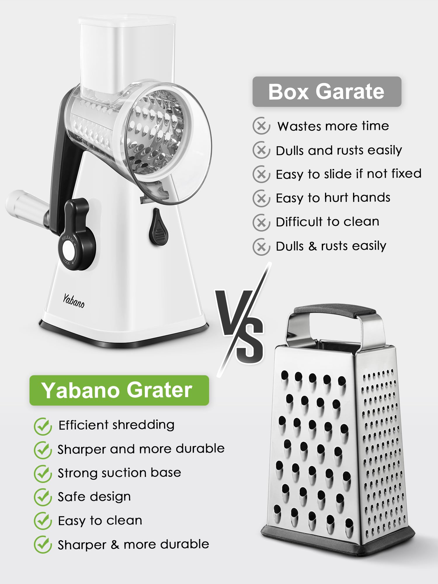 Yabano Rotary Cheese Grater Cheese Shredder with Handle, Vegetable Slicer for Kitchen, 3 Replaceable Stainless Steel Drum Blades, Easy To Use & Clean, Manual Nuts Grinder with Cleaning Brush, White